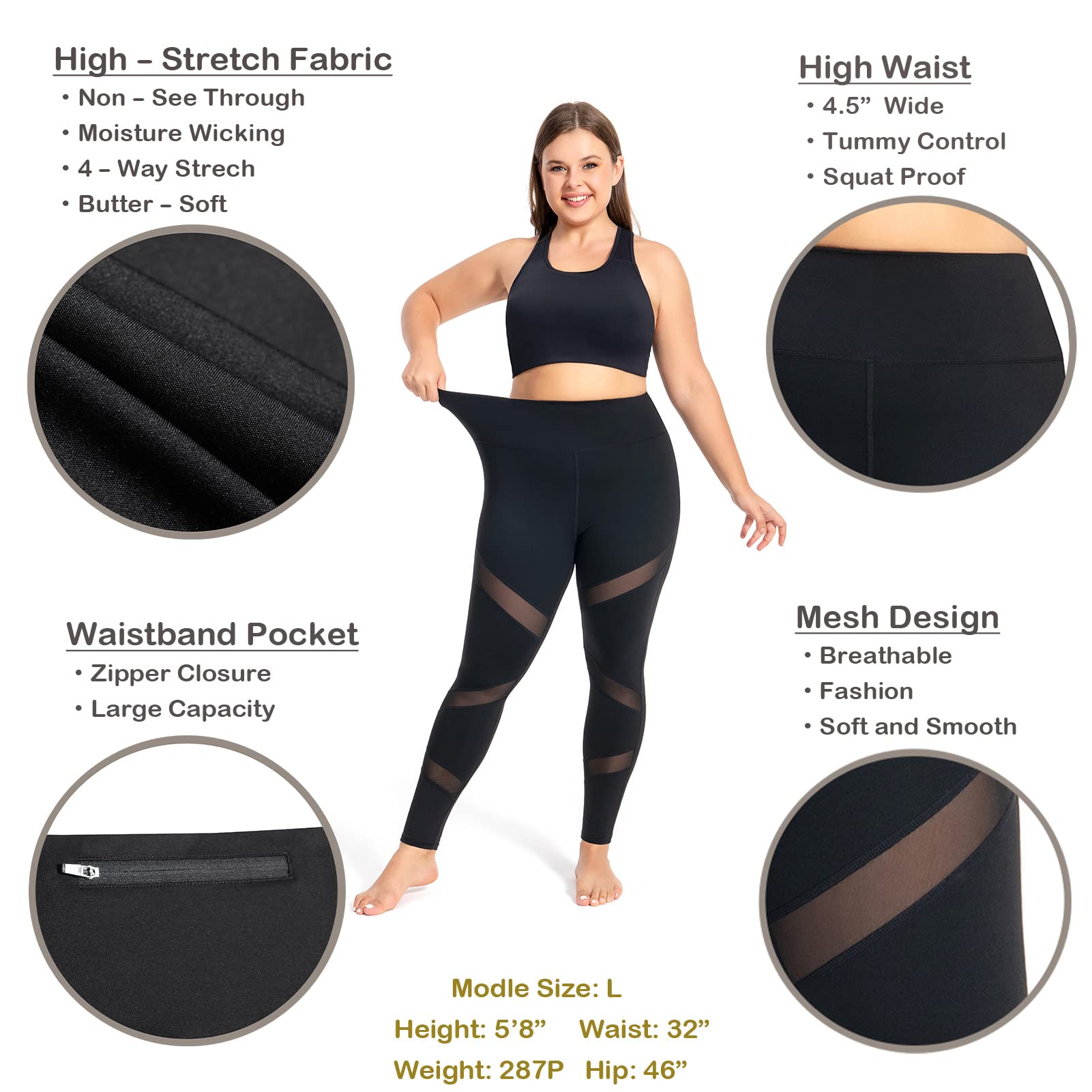 MEJING Plus Size Yoga Pants with Pockets, L-5X Mesh Workout Leggings for Women, High Waisted Tummy Control Activewear Black L