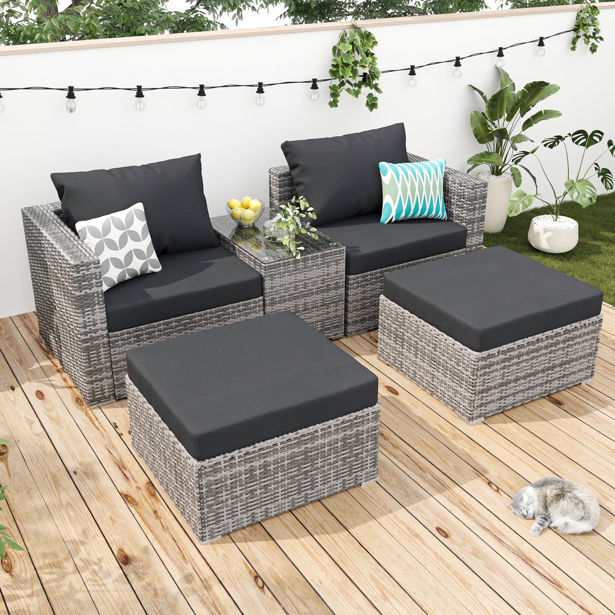 Vimstora 5 Pieces Outdoor Patio Sectional Furniture Set with Ottomans, Wicker Patio Furniture Conversation Sets Sofa for Backyard Garden Balcony Poolside,Waterproof, rain Cover