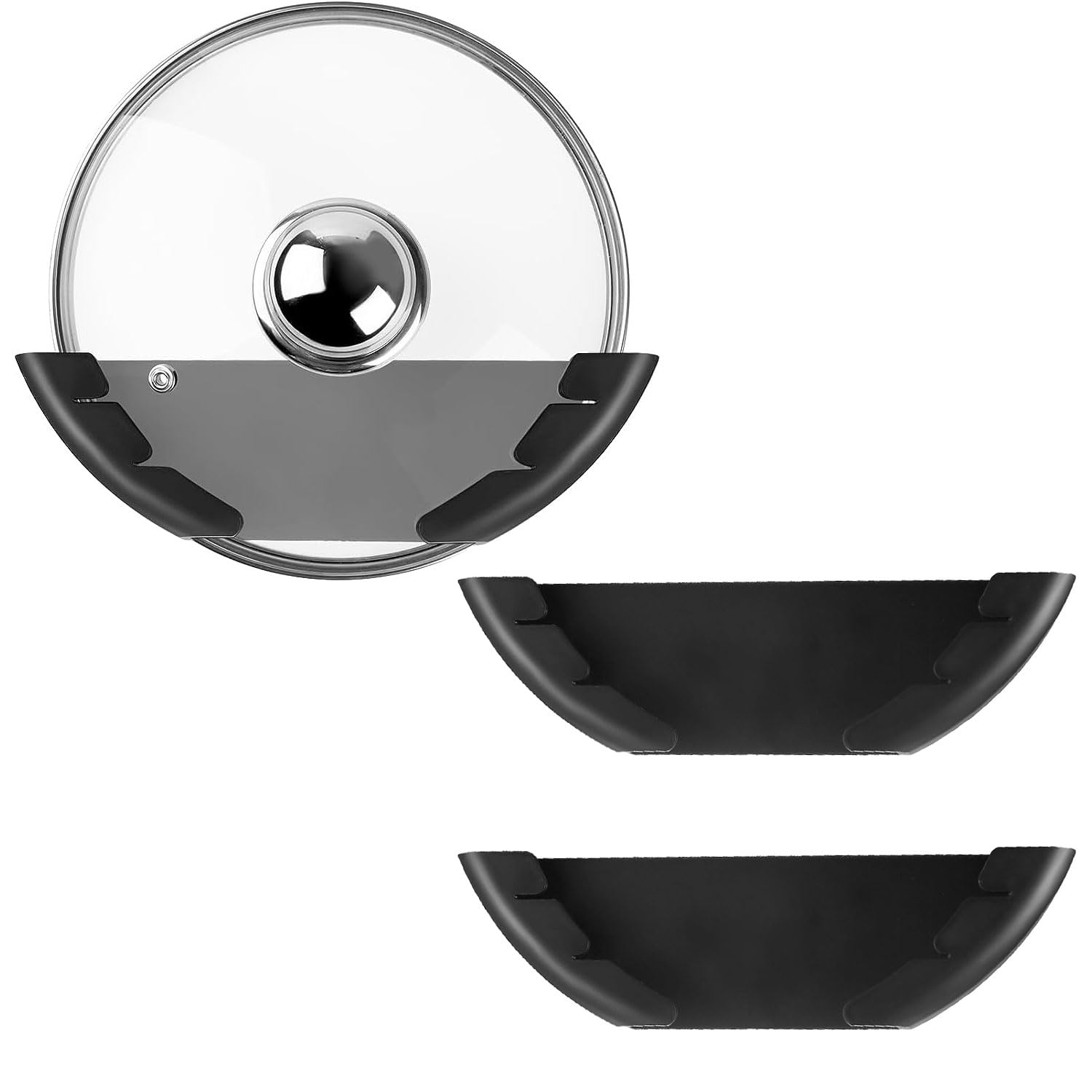 LePvo 3 Pack Universal Pot Lid Organizer for Cabine, Pan Lids Organizers Inside Cabinet Door Wall Mount Pots Top Storage Organizer Rack Holder for Kitchen, Fits 6" to 13" (Black)