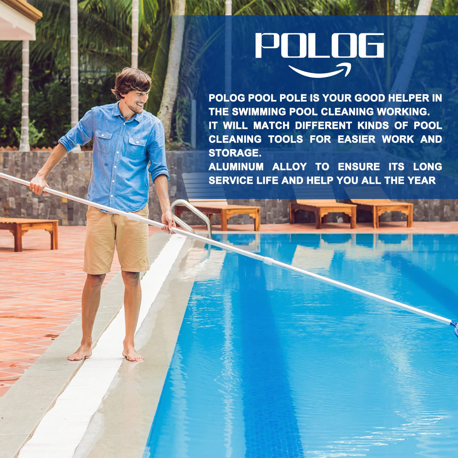 Polog 12FT Pool Pole Telescopic with Durable Buckle, Pool Extension Pole for Cleaning, 3-Section Adjustable Aluminum Pole for Pool Skimmer Net Leaf Rake Pool Brush Vacuum Head (12ft, Silver)