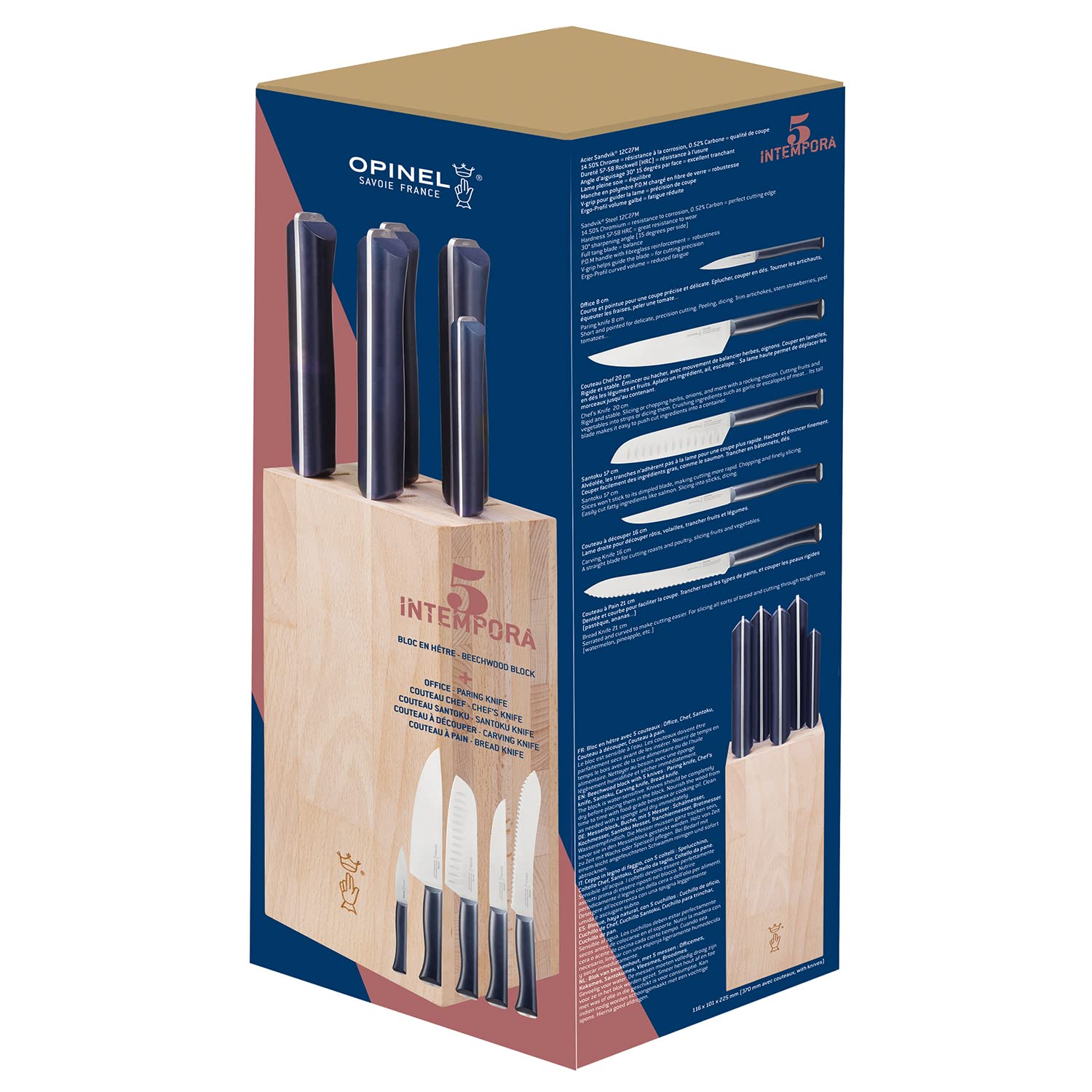 Opinel Intempora Knife Block with 5 Knives, Beech Wood Knife Block, Knife Set
