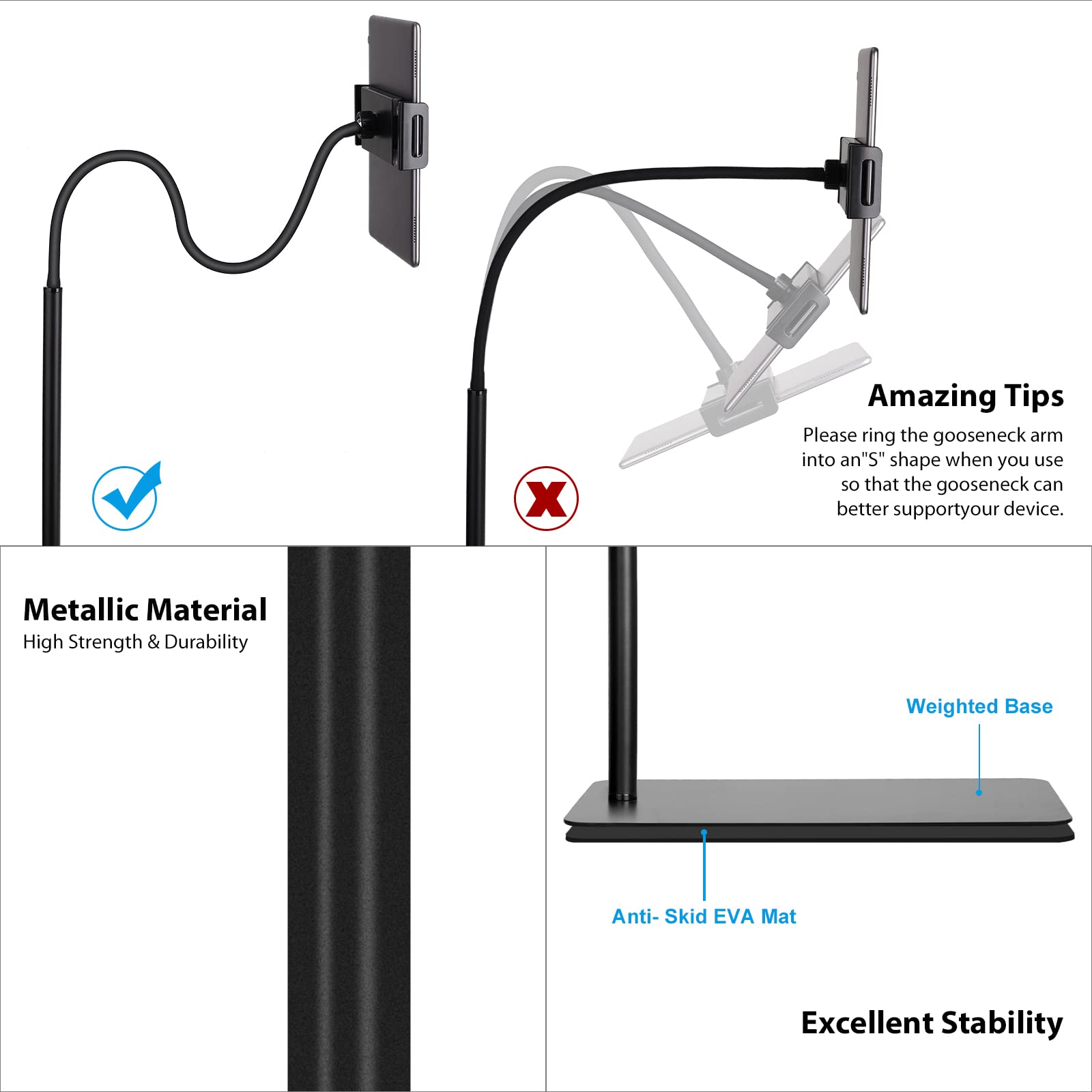 PHOPIK Tablet Floor Tripod Stand - 69.5" Adjustable Height Flexible Gooseneck Ipad Tripod Stand - Compatible with iPad Mini, All Cell Phones iPhone & Tablets (4.3''-9.8'')
