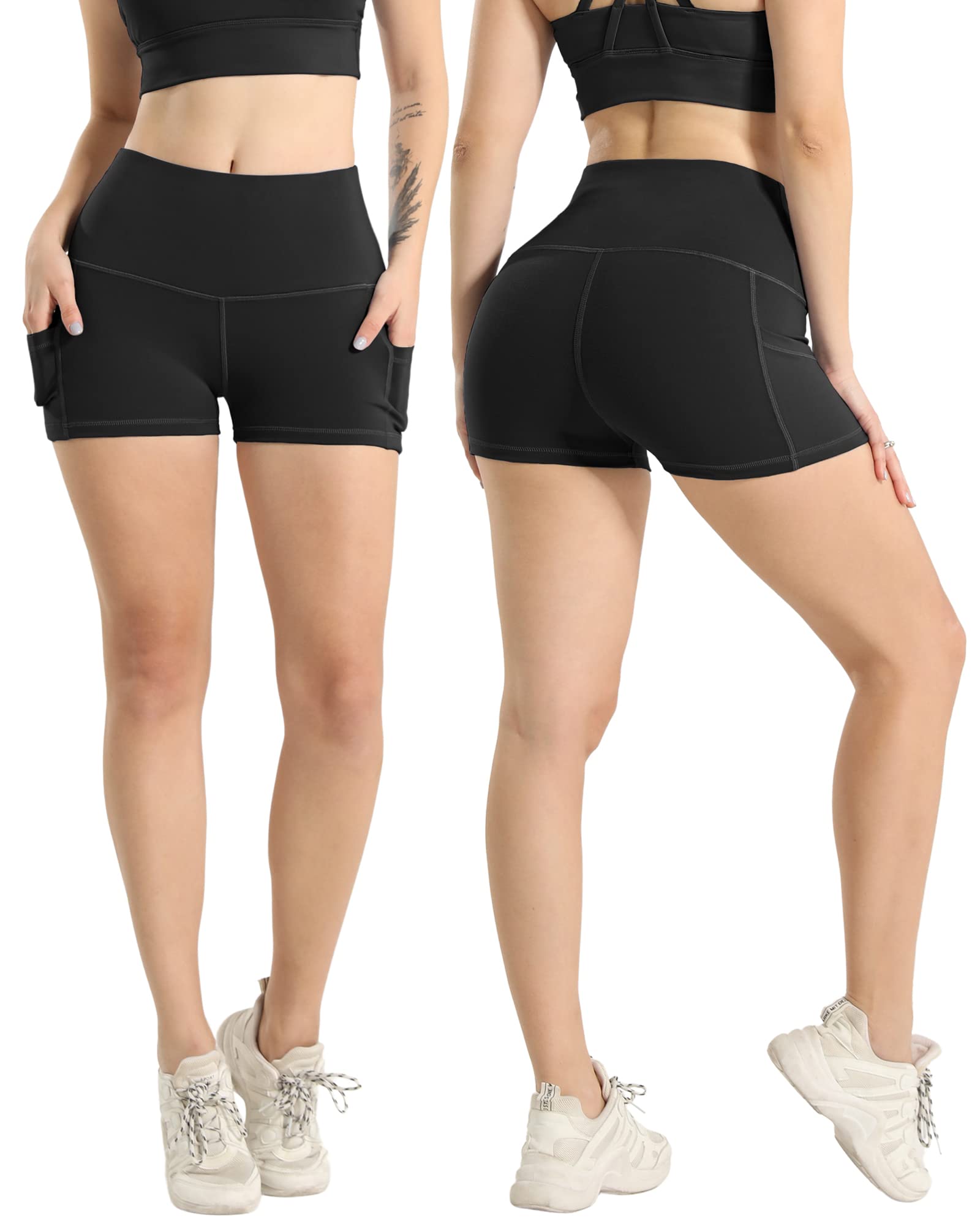 LZYVOO Spandex Shorts for Women with Pockets,Women's High Waisted Yoga Workout Booty Shorts(3" 4 Packs Black-L)