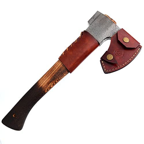 Qureshi Knife Handcrafted Carbon Steel Viking Axe β Gardening Axe - Quality Rosewood Handle Hatchet for Camping Tools - Sturdy 15 Overall Length with 5.3 Cutting Edge, Includes Leather Sheath
