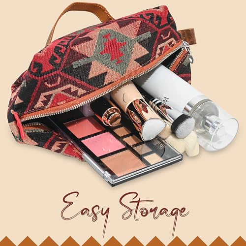 RUBICONS Cosmetic Handbag Makeup Organizer Purse Travel Toiletry Zipper Pouch for Women Red Boho Cotton Case (Red Boho)
