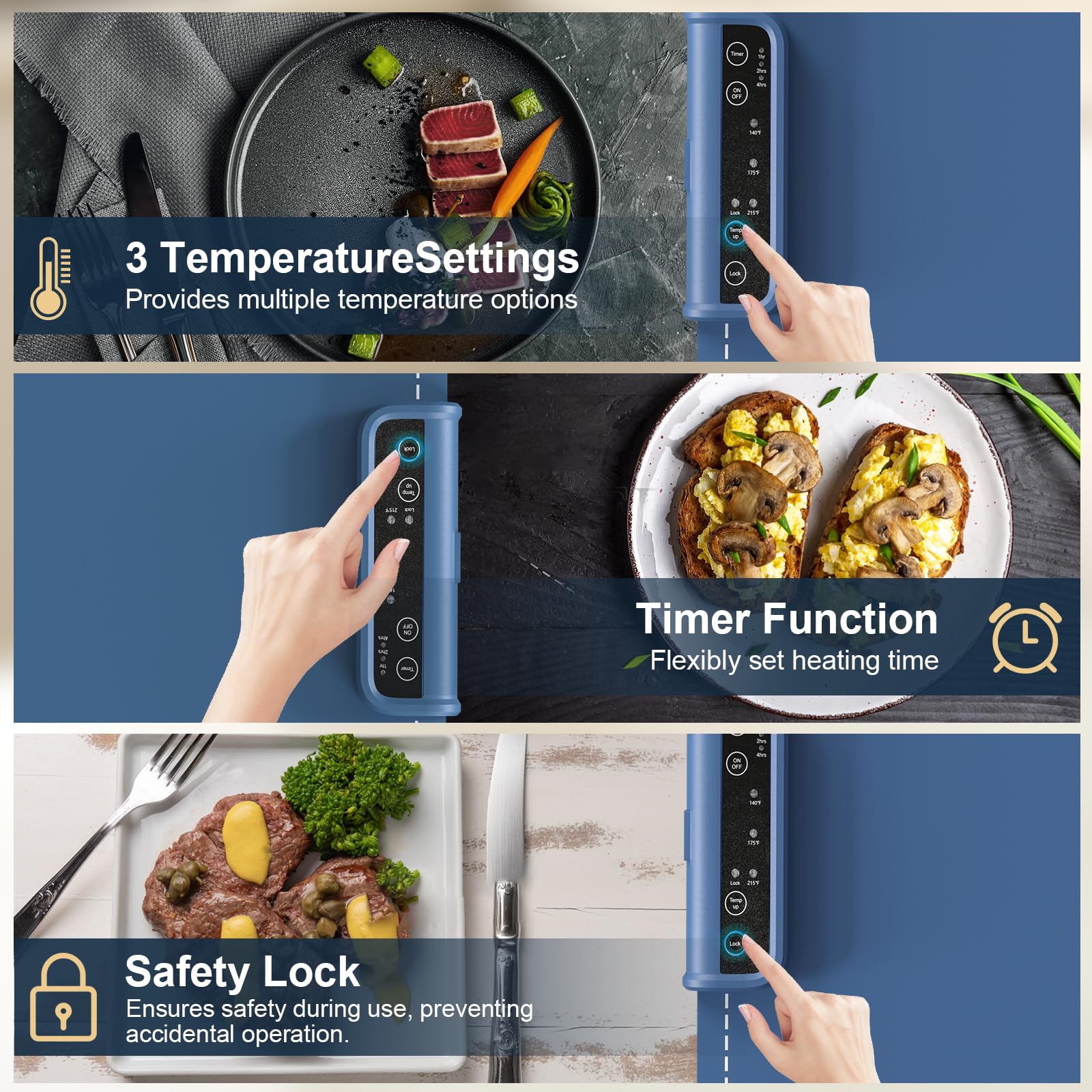 Upgrade Electric Warming Tray - Portable Warming Tray with Full Surface Heating, 3 Temperature Settings, Timer & Safety Lock,Versatile Heating Mat for Food, Food Warmer Mat for Parties & Everyday Use