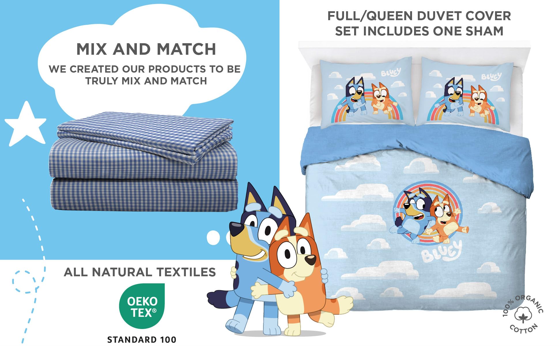 Saturday Park Bluey and Bingo Rainbow Clouds Full/Queen Duvet Cover & Sham Set - 3 Piece 100% Organic Cotton Duvet Set - GOTS & Oeko-TEX Certified