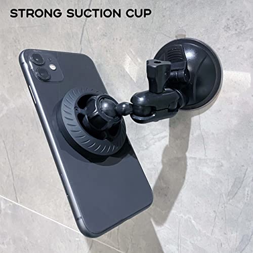 Quyee Magnet Mirror/Shower Phone Holder, Suction Cup Phone Wall Mount for iPhone 14 13 12 11 Pro Max Mini XS XR/Magsafe Case/Magsafe Ring, Gifts for Men Women Kids