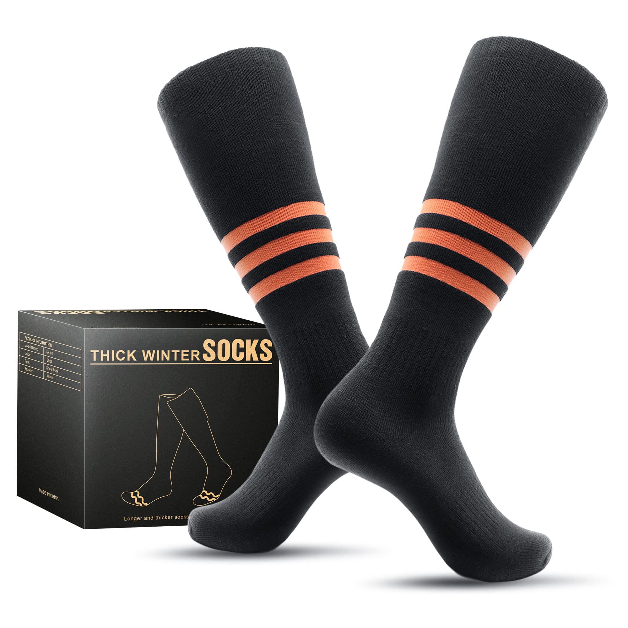 MARYSTI Winter Ski Socks, 1 Pair, for Skiing, Snowboarding, Outdoor Sports Socks - Black & Orange XL