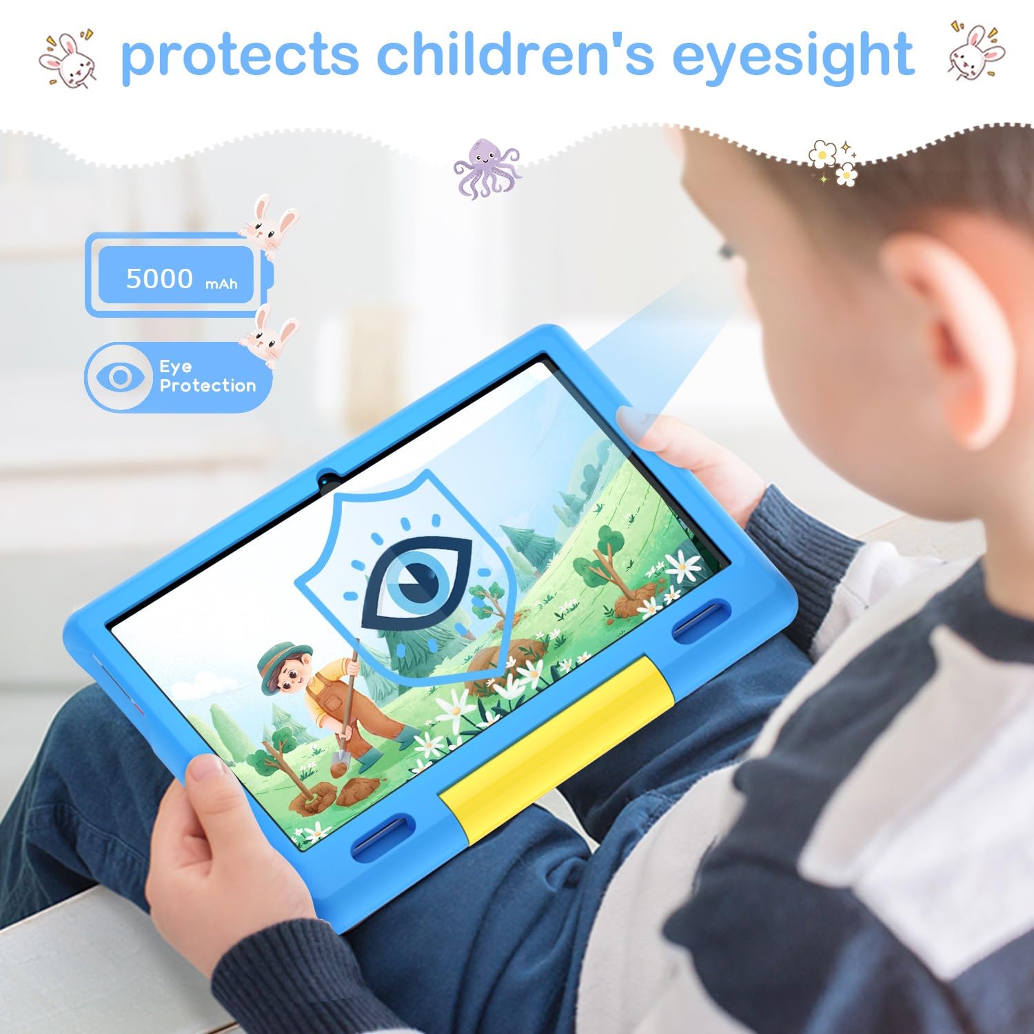 Kunleba Kids Tablet 10.1 Inch Andriod 11 Tablet for Kids Quad Core 32GB ROM 6000mAh Wi-Fi Bluetooth Tablets PC (Blue)