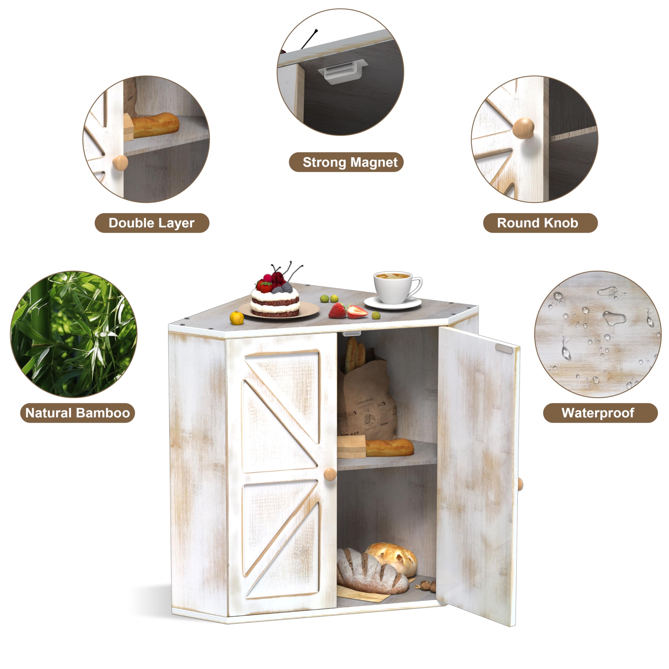 Trironsun Corner Bread Box for Kitchen Counter Double Layer Bamboo Bread Storage Container Large Capacity Bread Storage Bin Farmhouse Breadbox Organizer (Antique Black)