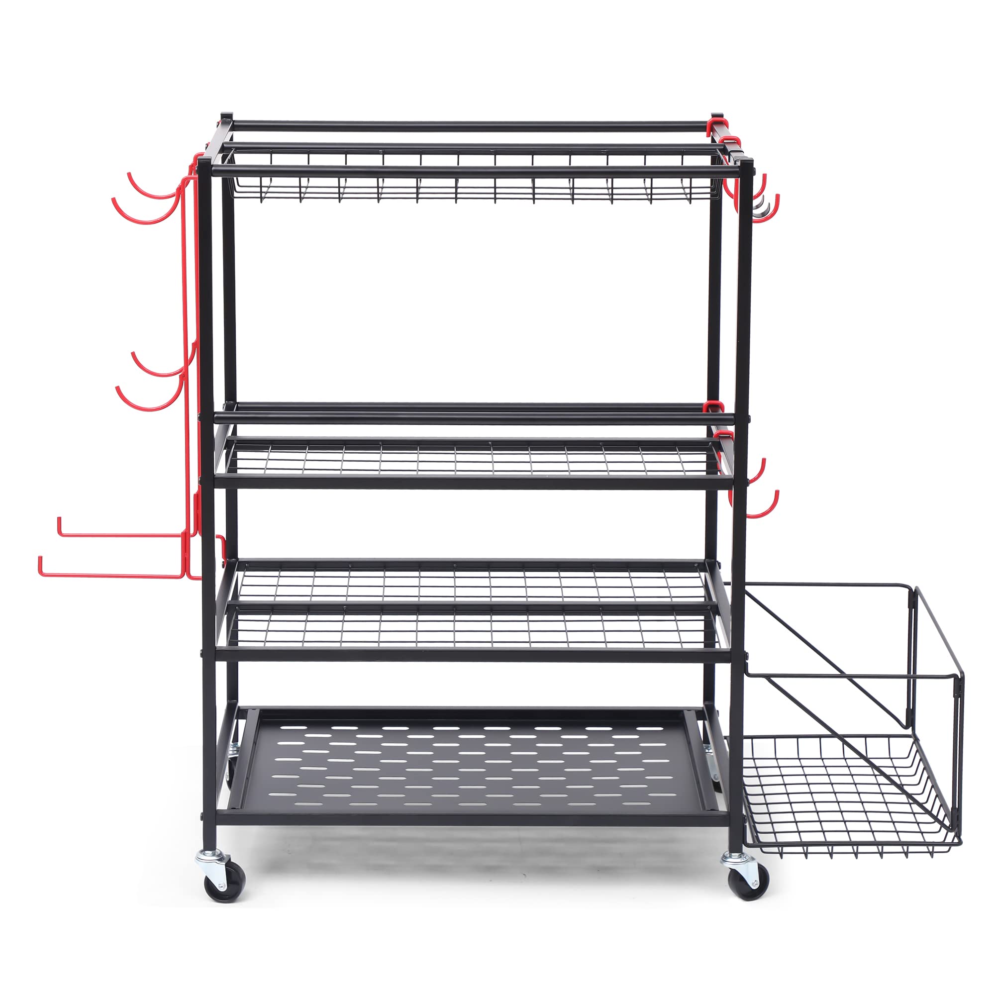 Nice C Outdoor Toy Storage, Garage Organization, Sports Equipment Organizer, Rolling Garage Storage System, Ball Storage Rack, Yoga Mat Storage with Hooks and Basket (4-Layer)