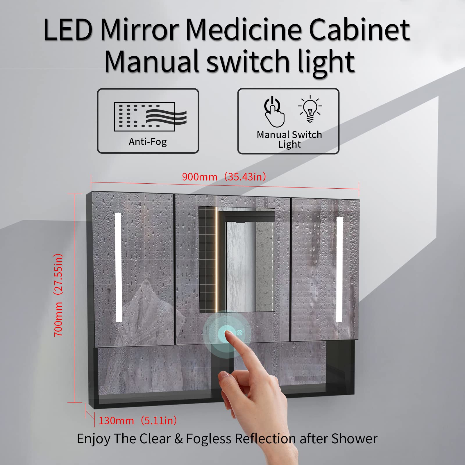 Seenvlog Medicine Cabinet with Lights,LED Medicine Cabinet for Bathroom with Defogger,Dimmer,3 Doors,35"* 27"*5",Lighted Medicine Cabinet,Surface Mount