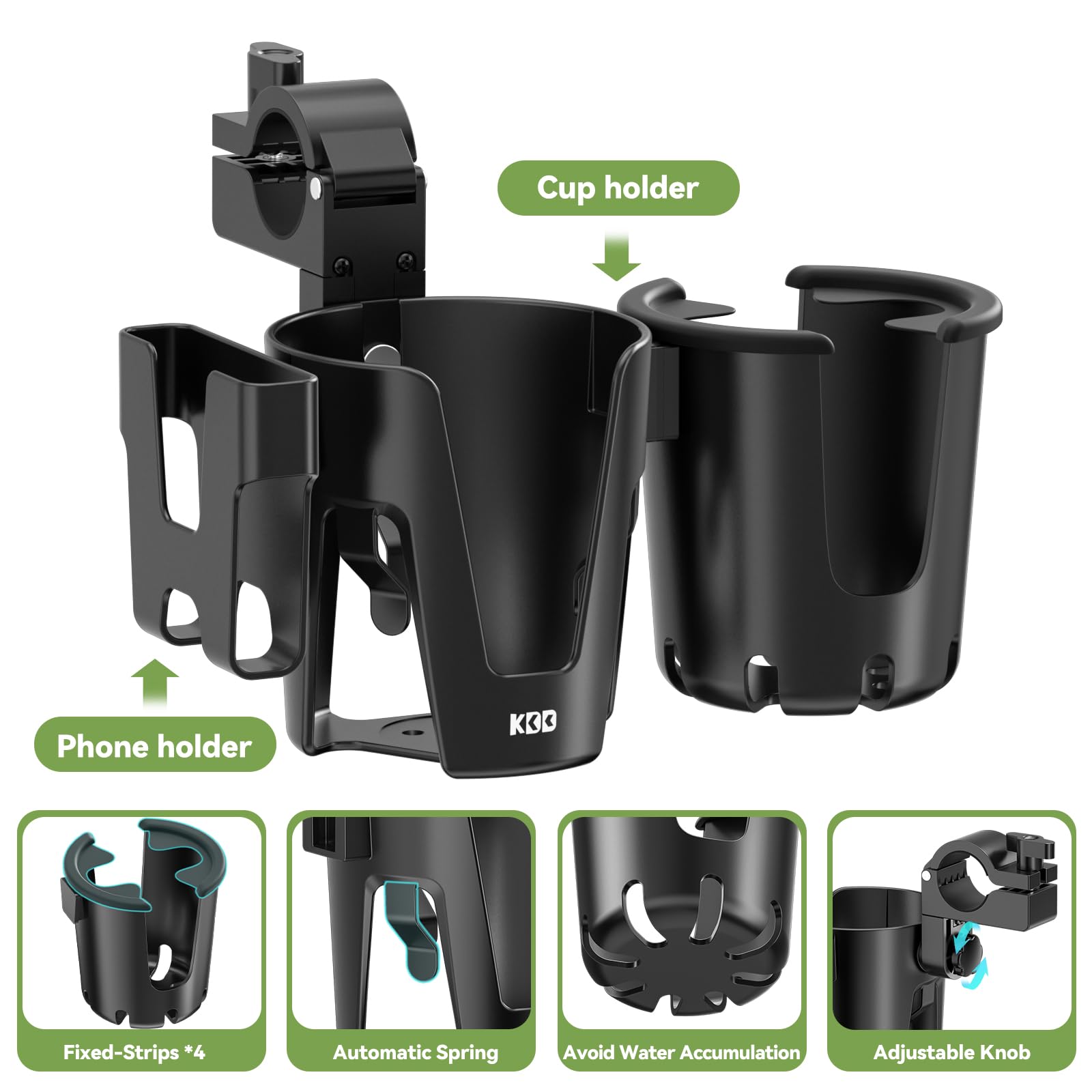 KDD Stroller Cup Holder with Phone Holder, 3-in-1 Removable Bottle Holder, 360 Degrees Rotation Drink Holder for Wheelchair, Stroller, Bike, Walker, Scooter, Bicycle, Uppababy, Nuna, Bugaboo, Doona