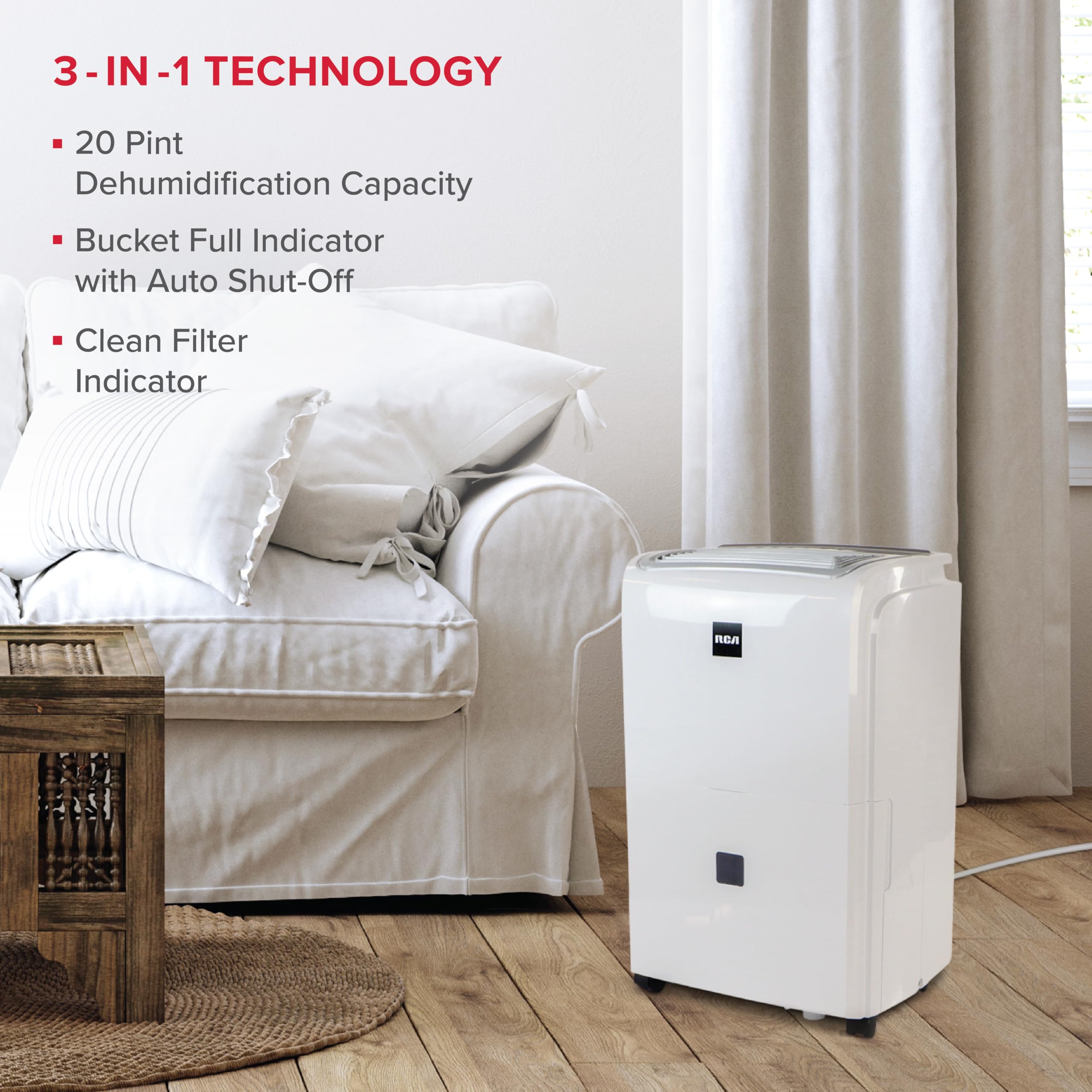 RCA 35-Pint Portable Dehumidifier, 115V, with Auto-Shutoff & Timer, Home Dehumidifier and Moisture Absorber For Basement, Garage, Living Room, White