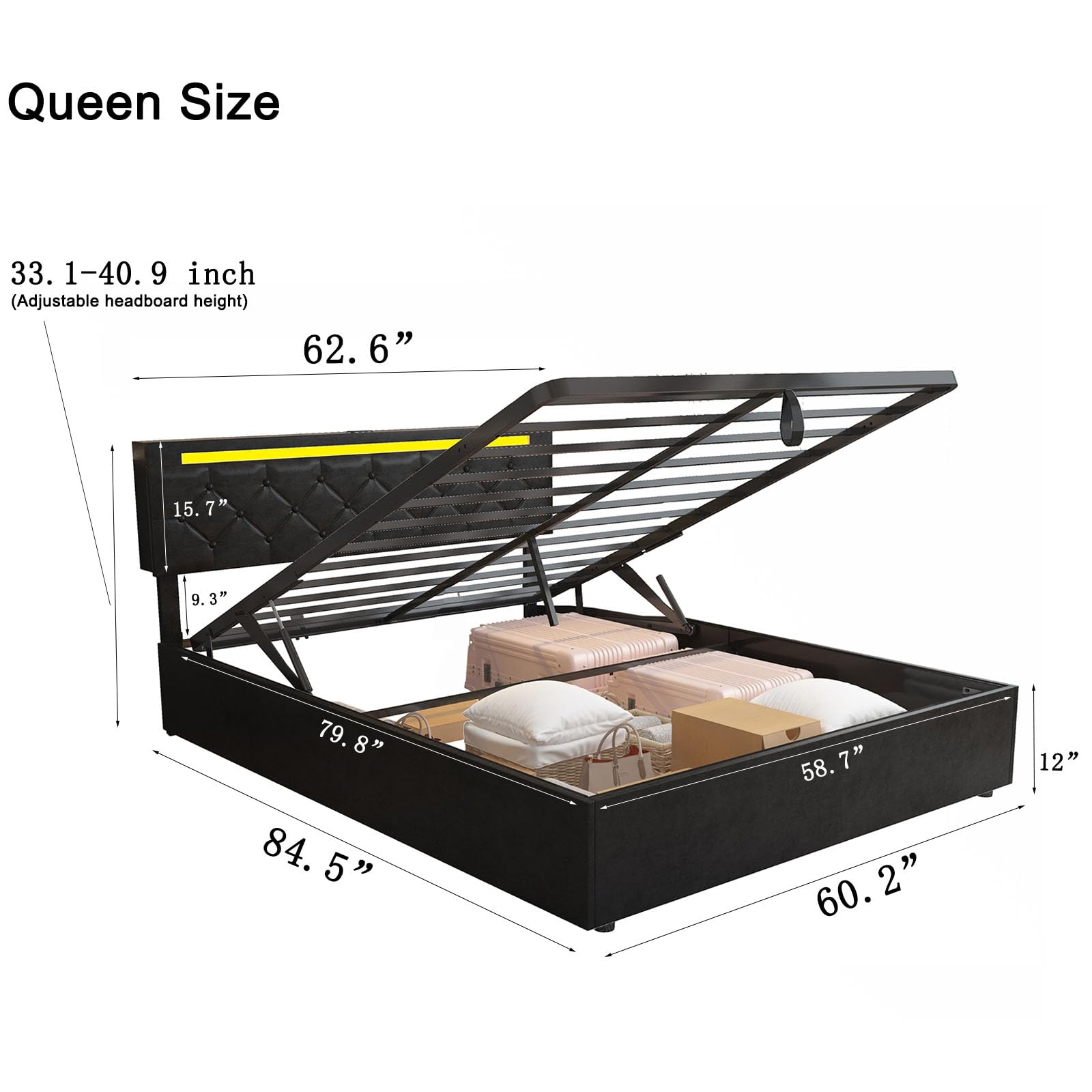 SAVOLIFE Queen Size Lift Up Storage Bed Frame with Led Light Headboard, PU Upholstered Queen Platform Bed Frame with Charging Station, Black