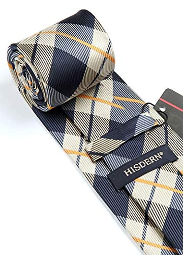 HISDERN Ties for Men Brown Plaid Tie Pocket Square Set Extra Long Mens Neckties and Handkerchief Formal Silk Checkered 63'' Necktie for Business