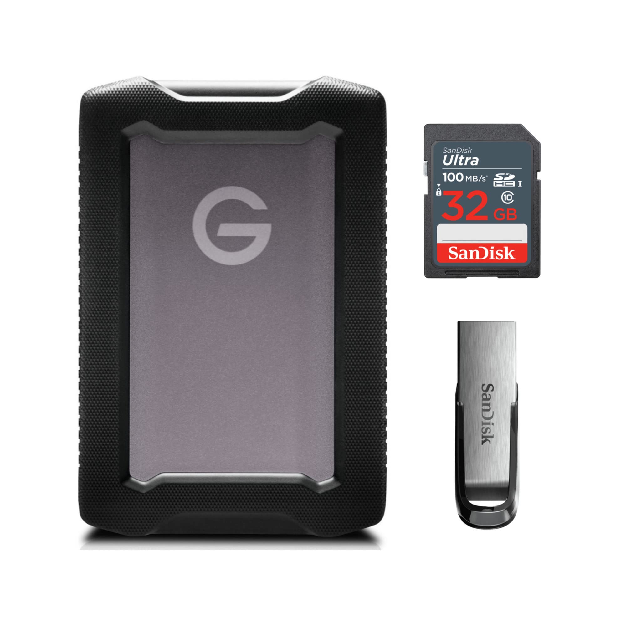 SanDisk Professional 4 TB G-Drive ArmorATD - Rugged, Durable Portable External Hard Drive HDD, USB-C, USB 3.1 Gen 1 Bundle with USB 3.0 Flash Drive and 32GB Memory Card (3 Items)
