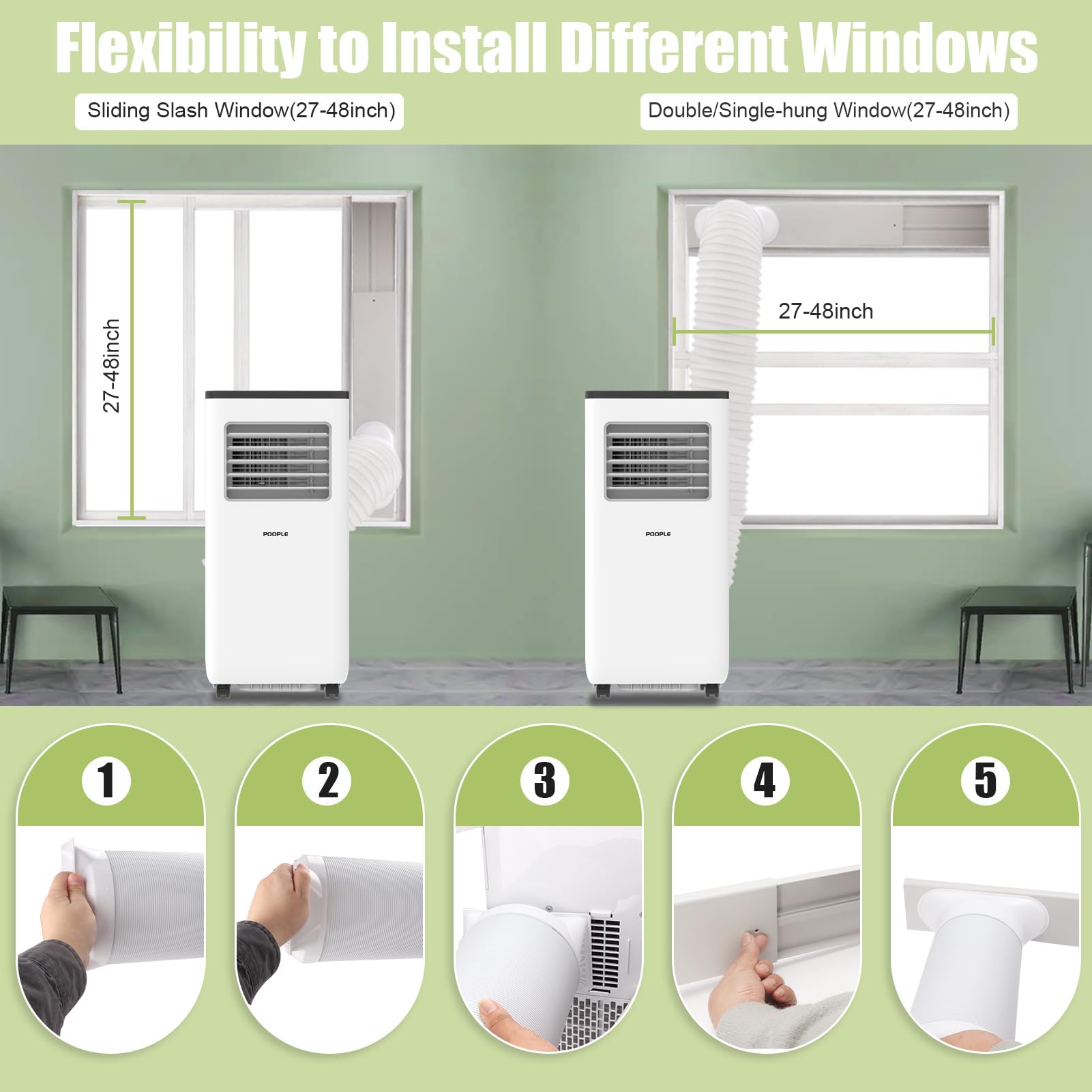 POOPLE 8,000 BTU Portable Air Conditioners, Portable AC for Room up to 350 Sq. Ft, 5-in-1 Portable AC Unit with LED Display/Remote Control/Window Installation Kit/24Hrs Timer, White