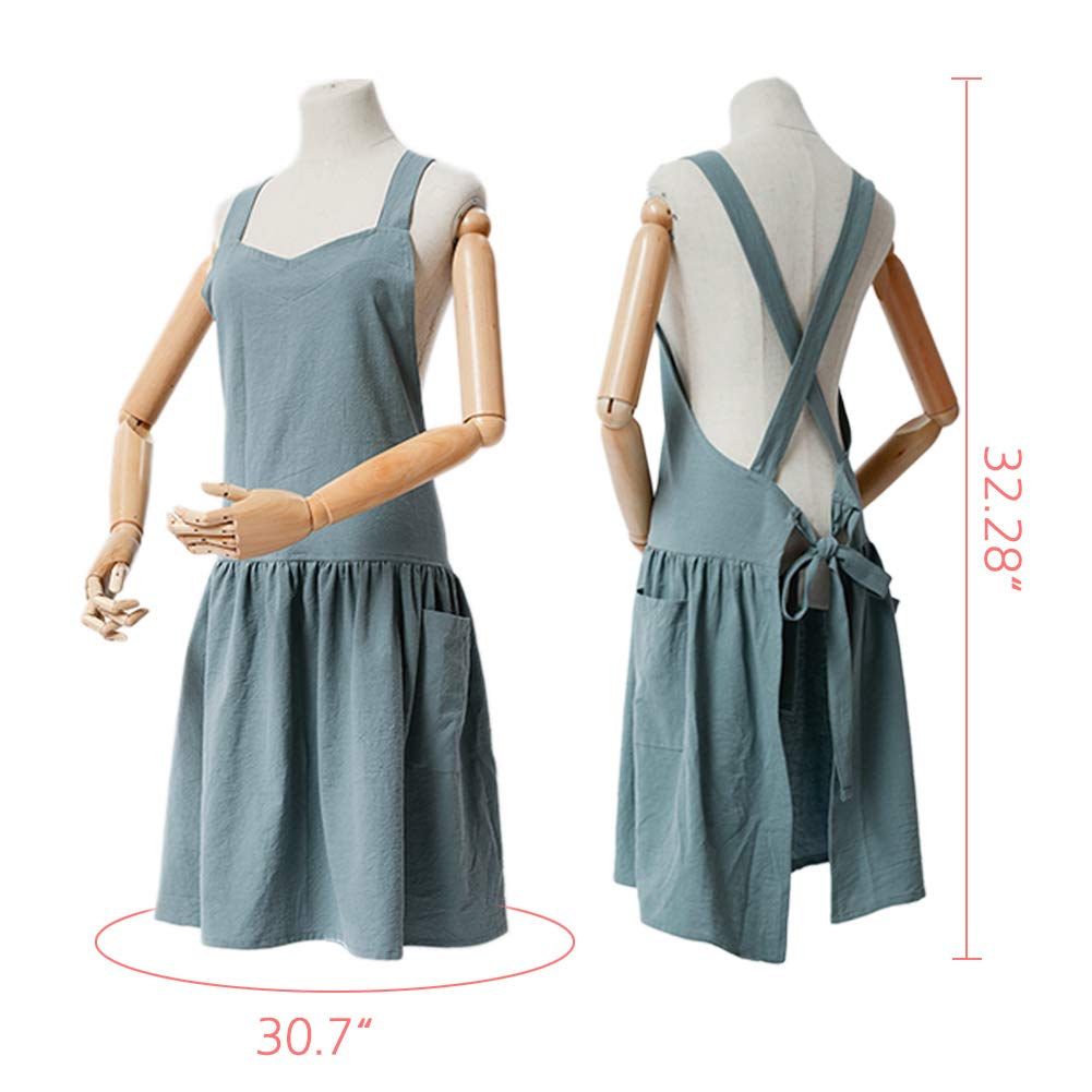 NEWGEM Cotton Linen Cross Back Apron for Women with Pockets for Baking Painting Pink with Waist Ties