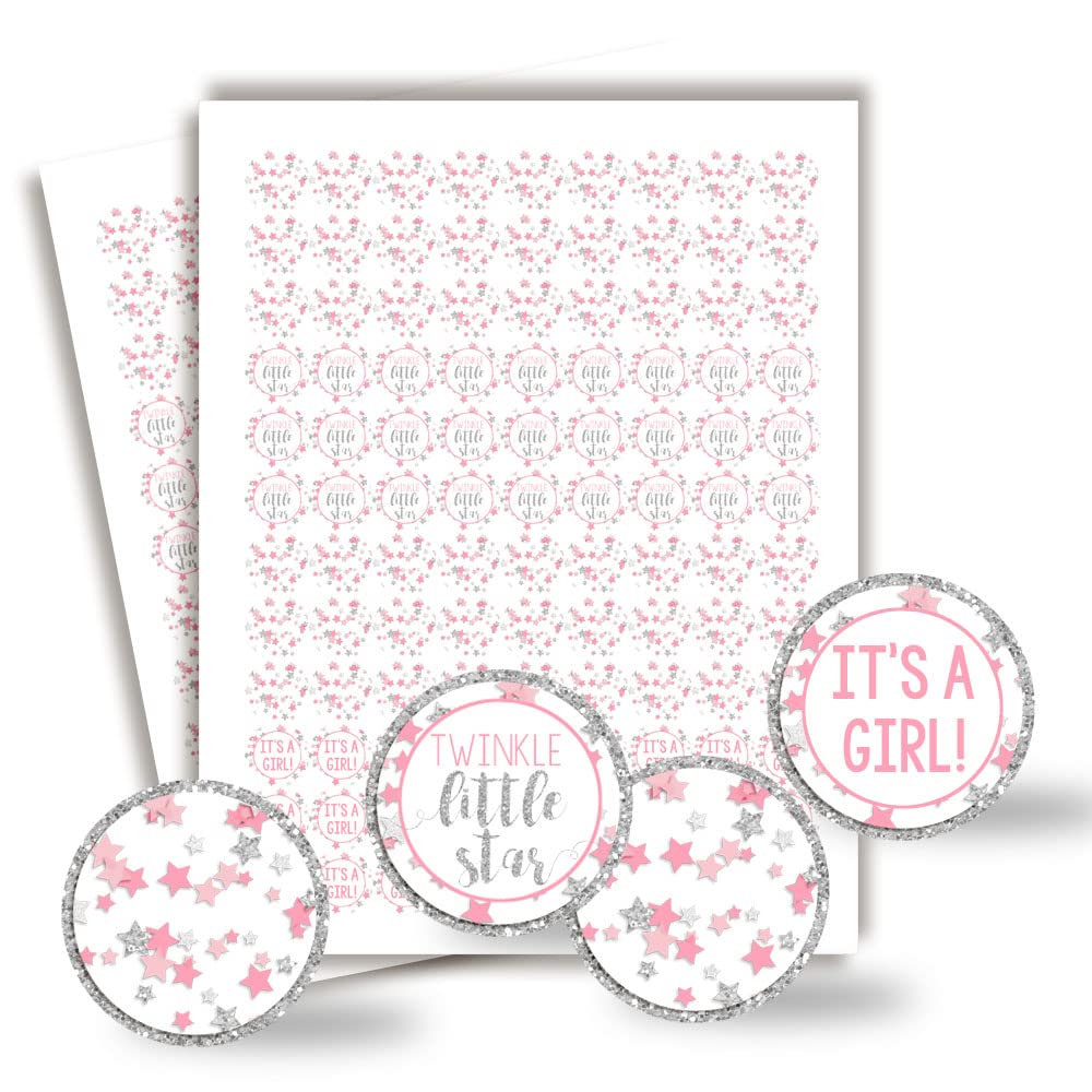 Pink & Silver Twinkle Little Star Girl Baby Sprinkle Baby Shower Kiss Sticker Labels, 300 0.75" Circle Stickers for Chocolate Kisses by Amanda Creation, Great for Favors, Treats, Envelopes & Bags