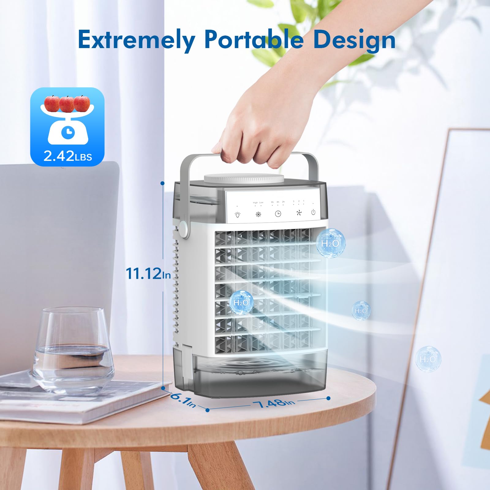 RCCVEI Portable Air Conditioners,3-Speed Small AC Unit, Evaporative Air Cooler with Timer function,7-Color Nightlight,Double Tank, 2 Mist modes,Personal Air Conditioner for Bedroom,Office,Room-Gray