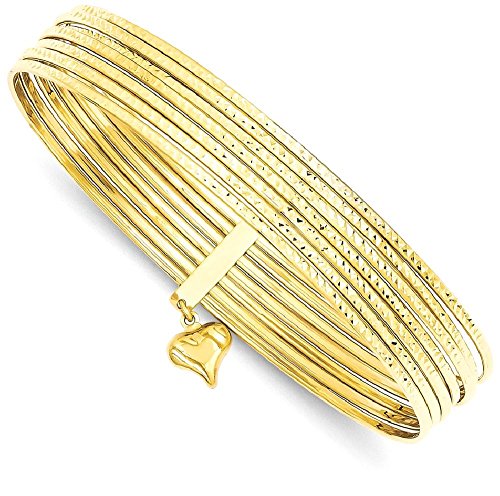 IceCarats 14K Yellow Gold Dangling Heart Love Set of 7 Slip On Bangle Bracelet