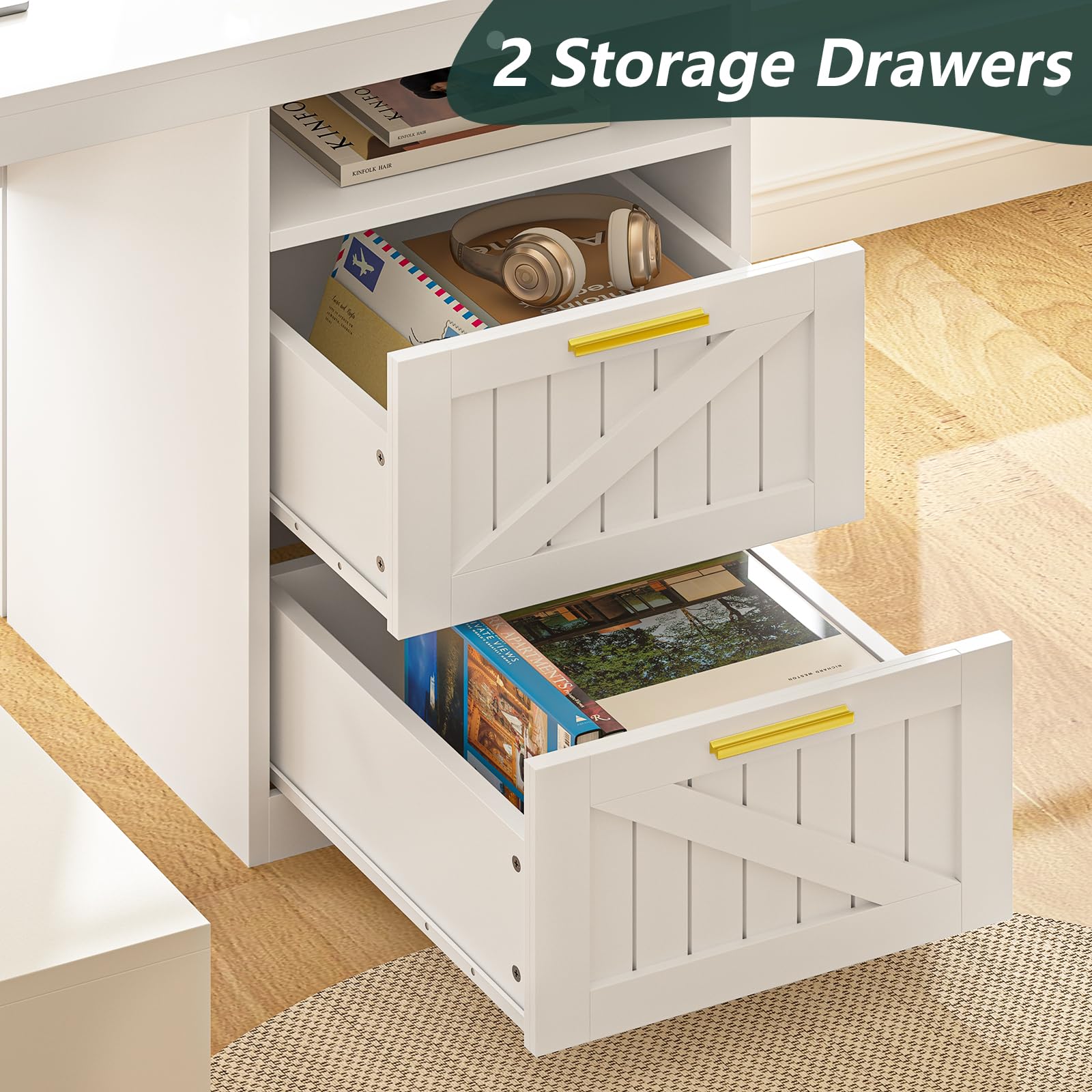 YOMILUVE 59" Farmhouse L Shaped Desk with Drawers & Storage Shelf, Corner Computer Desk with Power Outlets for Home Office, Executive Desk with Printer Shelf, White
