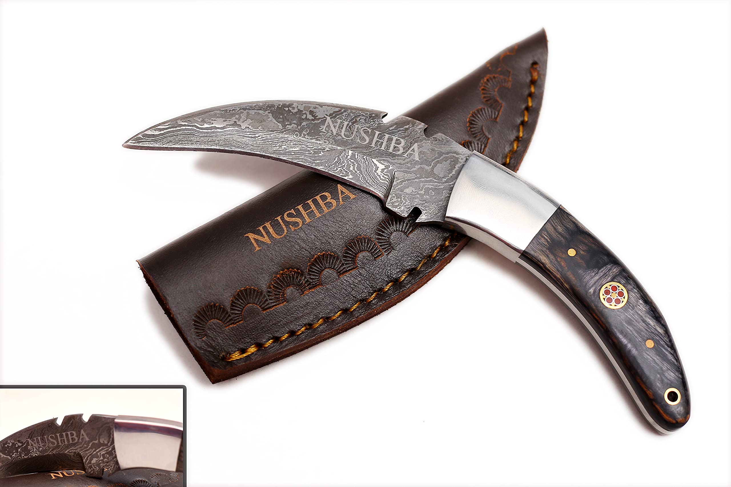 NUSHBA 004 Handmade Knife Raisin Sheet 8 inch Hunting Skinner knife Fixed Blade Hunting Knife, Damascus Steel Blade, Raisin Sheet Handle -Best Hunting Knife with Sheath