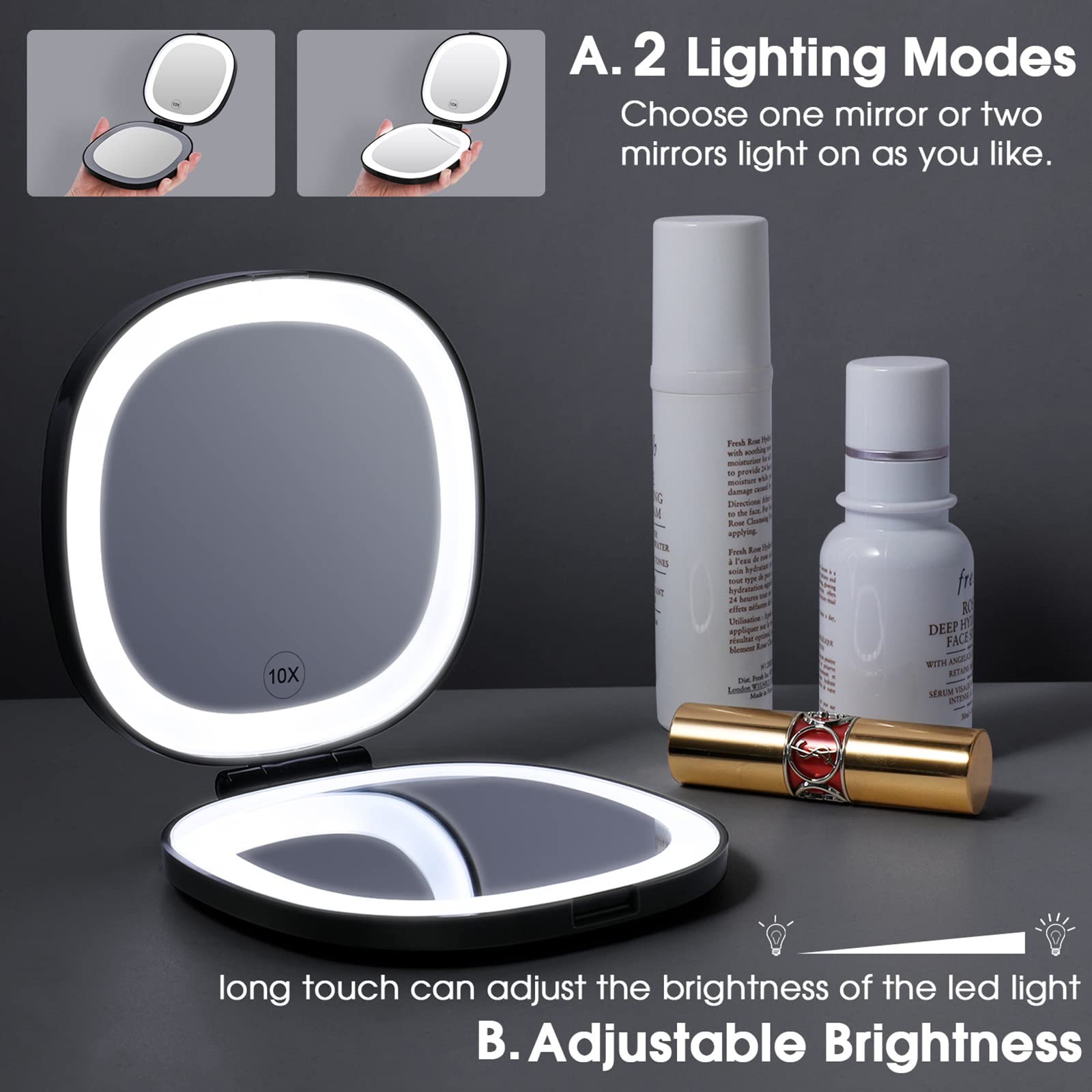 KEDSUM Lighted Travel Makeup Mirror, 1X/10X Magnifying Compact Mirror with Rechargeable LED Lights, Dimmable Double Sided Folding Mirror, Portable, Large, Daylight, USB Charging (Black)