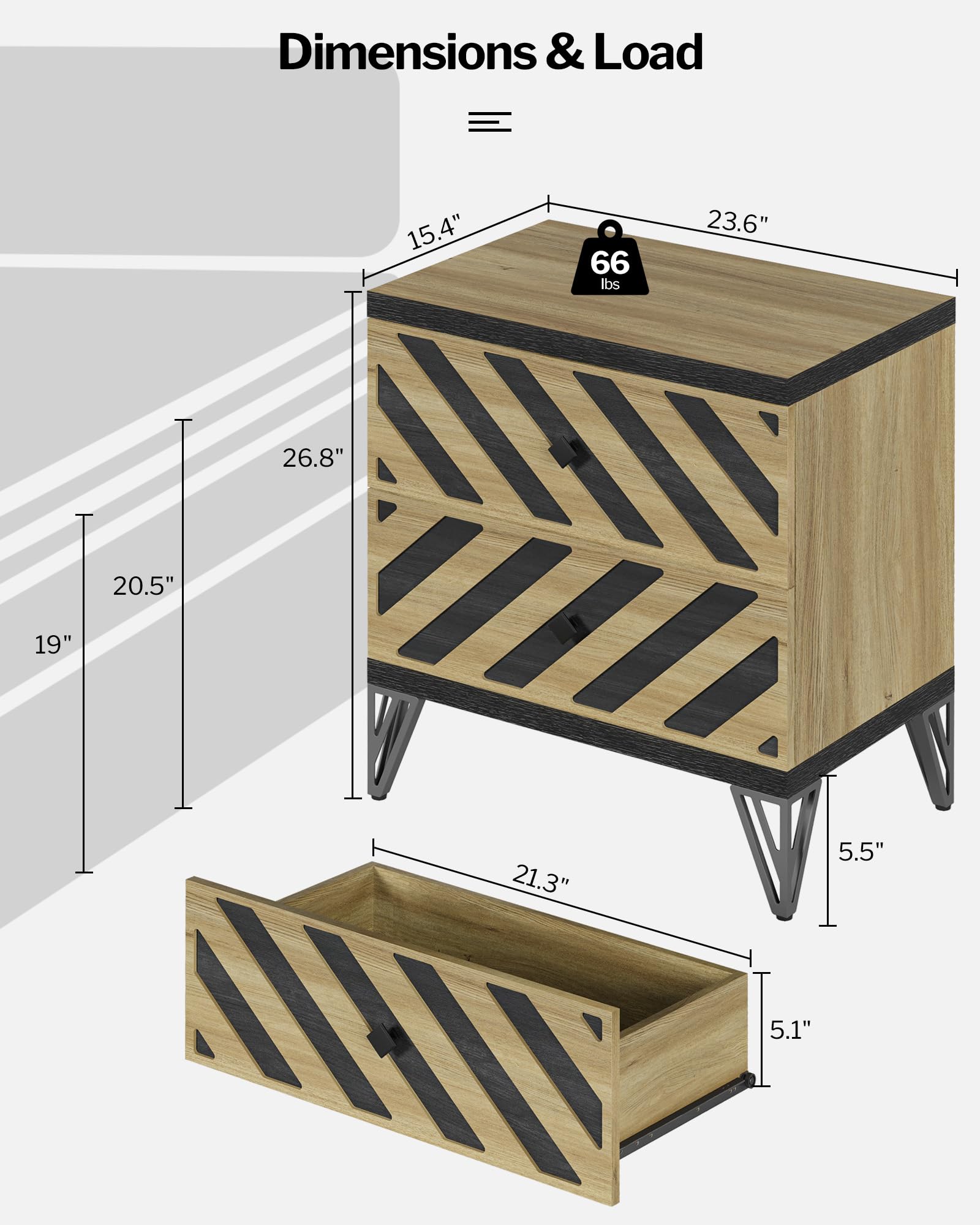 SICOTAS Large Night Stand Set of 2 - Modern Bedside Table Wide Nightstands with 2 Herringbone Decor Drawers, Sturdy Metal Legs, Wood Accent End Table for Bedroom