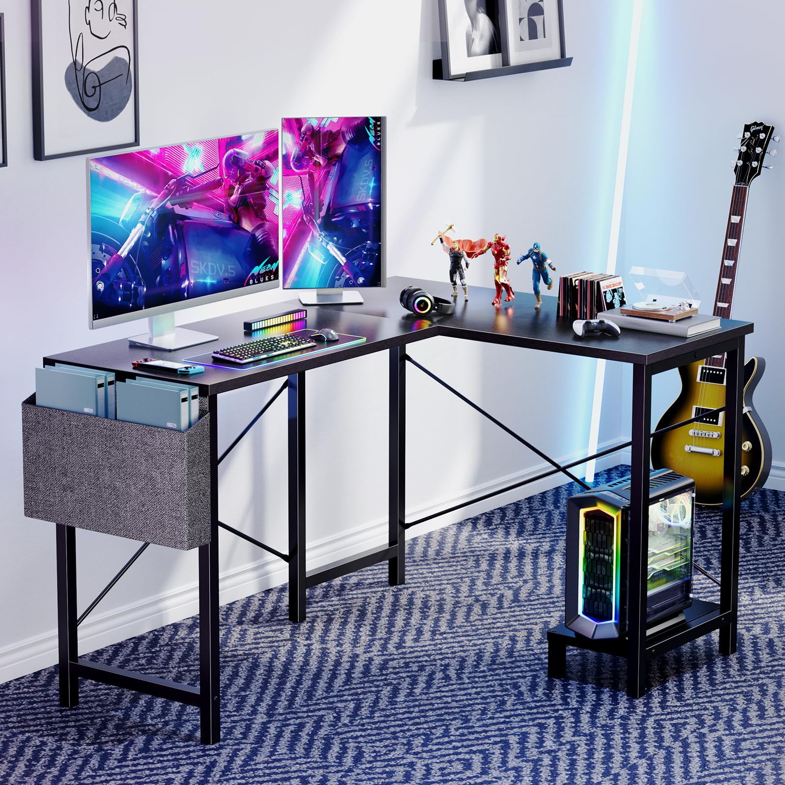 Sweetcrispy L Shaped Desk Gaming Computer 50 Inch Reversible Corner Table PC Work Table for Writing Study Student with Wood Tabletop Metal Frame CPU Stand Side Bag for Home Office Small Place, Black