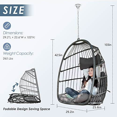 NICESOULĀ® Hanging Egg Chair Without Stand Tree Ceiling Egg Basket Chairs UV Resistant 265lbs Capaticy for Patio Backyard Balcony Bedroom Living Room with Hanging Steel Chain & Cushions Dark Grey