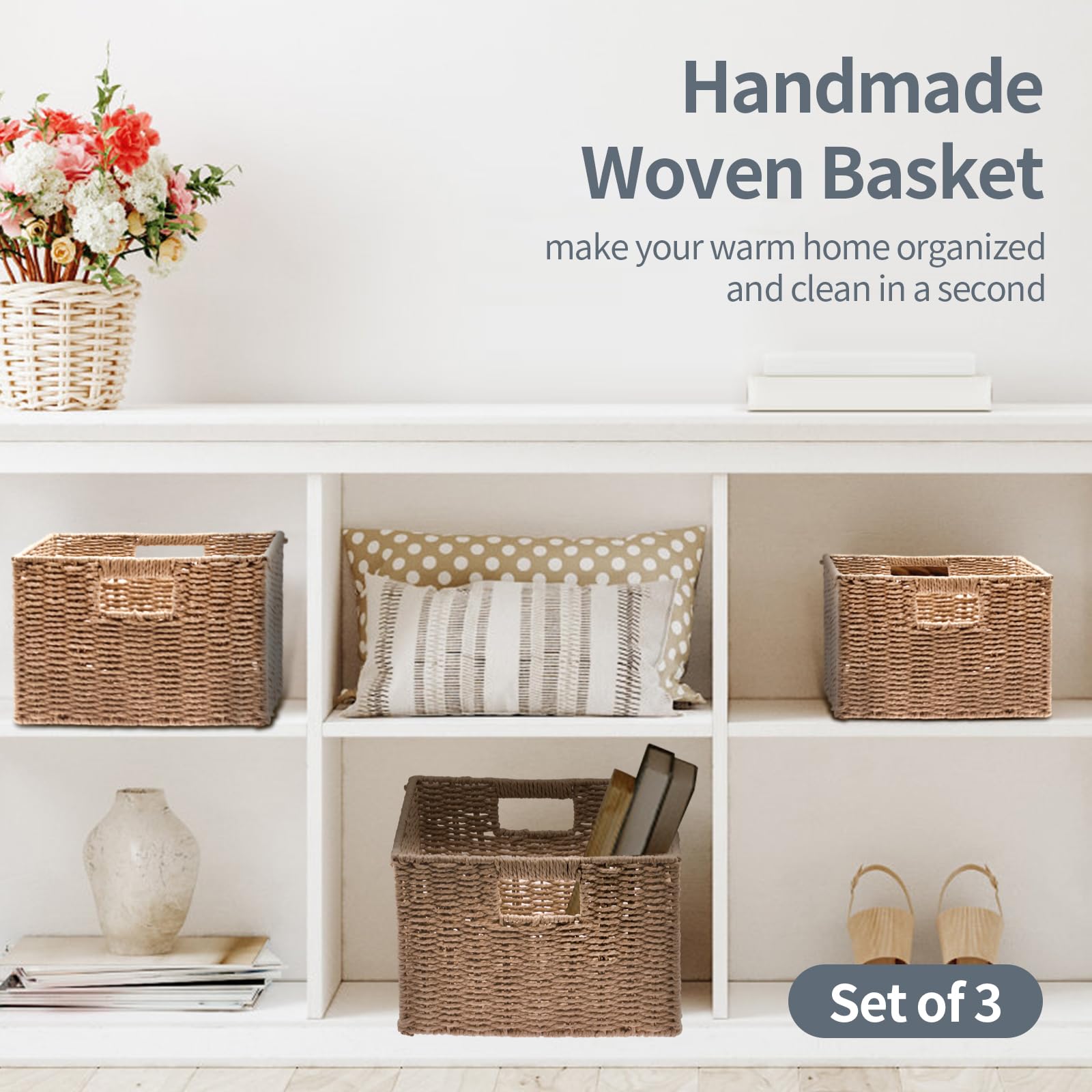 Woven Baskets Set of 3, Home Organizer with Build-in Handles, Storage Baskets for Shelves, Laundry Baskets, Toy Storage, Sustanabile Paper Rope Material