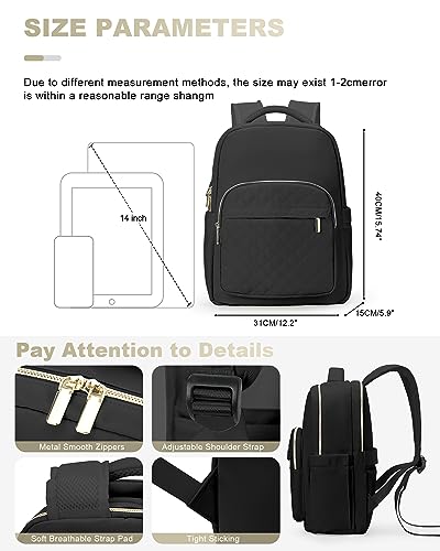 livbote Light Flight Travel Laptop Backpack Women, Mochilas para Mujer, Nurse Quilted Backpack, Water-repellent Small Backpack with USB Charging Port, Black
