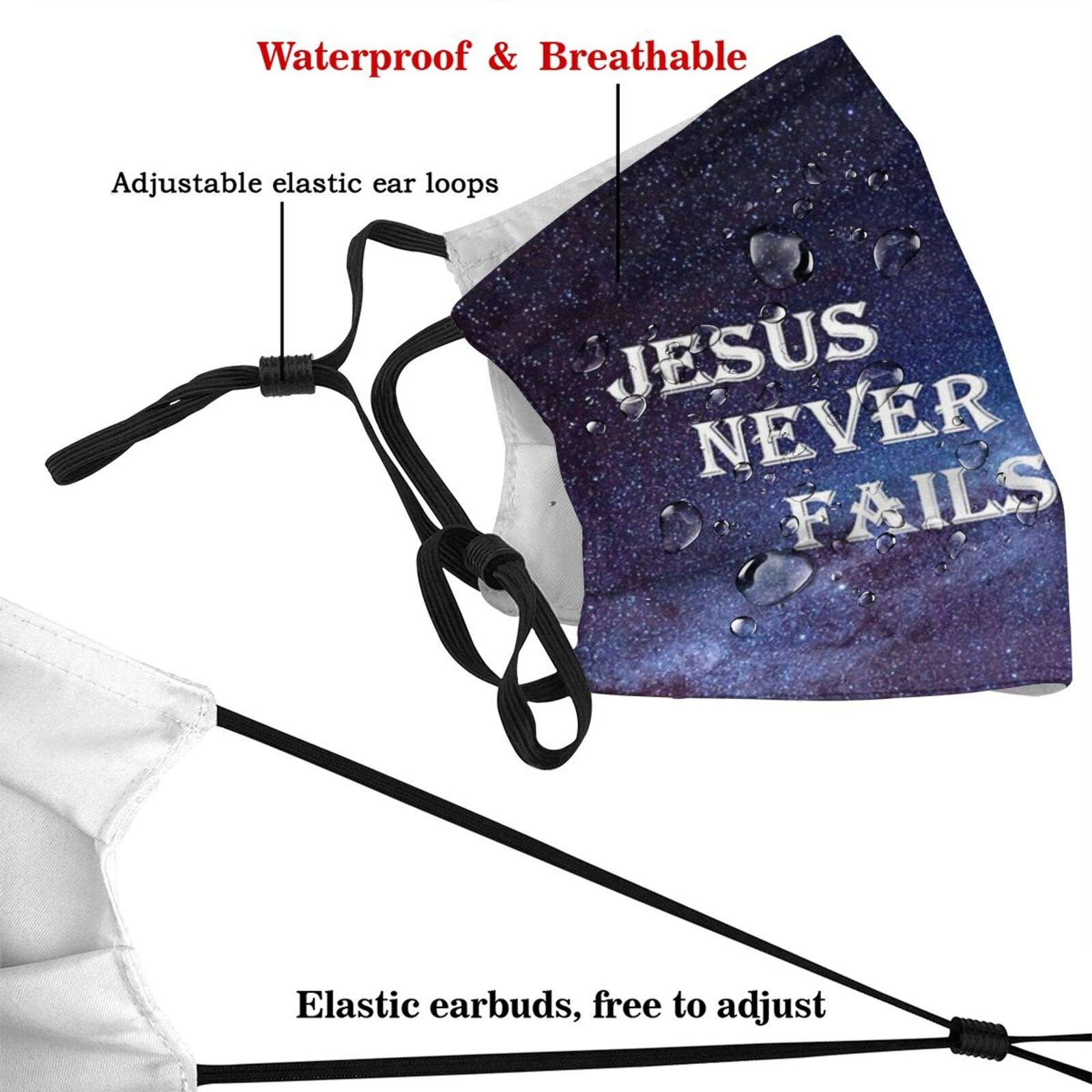 Jesus Never Fails Face Mask,Face Mask Unisex Balaclava Mouth Cover With Filter Windproof Dustproof Adjustable