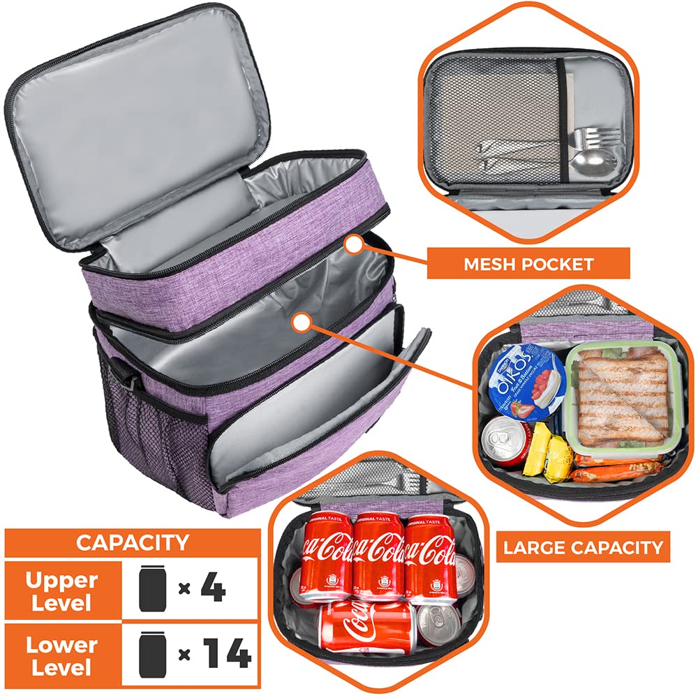opux Insulated Lunch Bag for Men Women, Large Dual Compartment Cooler Bag, Soft Two Deck Lunch Box for Work School Picnic, Leakproof Lunch Tote with Shoulder Strap for Kid Adult (Purple, Double Deck)