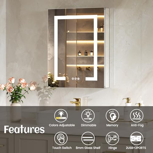 ROOMTEC LED Lighted Medicine Cabinet with Mirror 20"*26",Bathroom Mirror Cabinet with Lights, Outlet and USB, Recessed or Wall Mounted, Adjustable Shelf, 3-Color, Dimmer, Anti-Fog