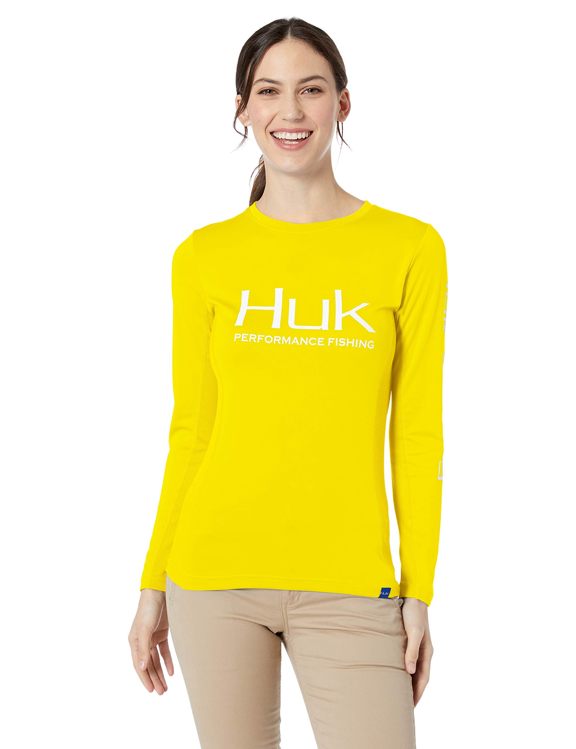 Huk Women's Icon X Long Sleeve Fishing Shirt with Sun Protection, Blaze Yellow, Medium
