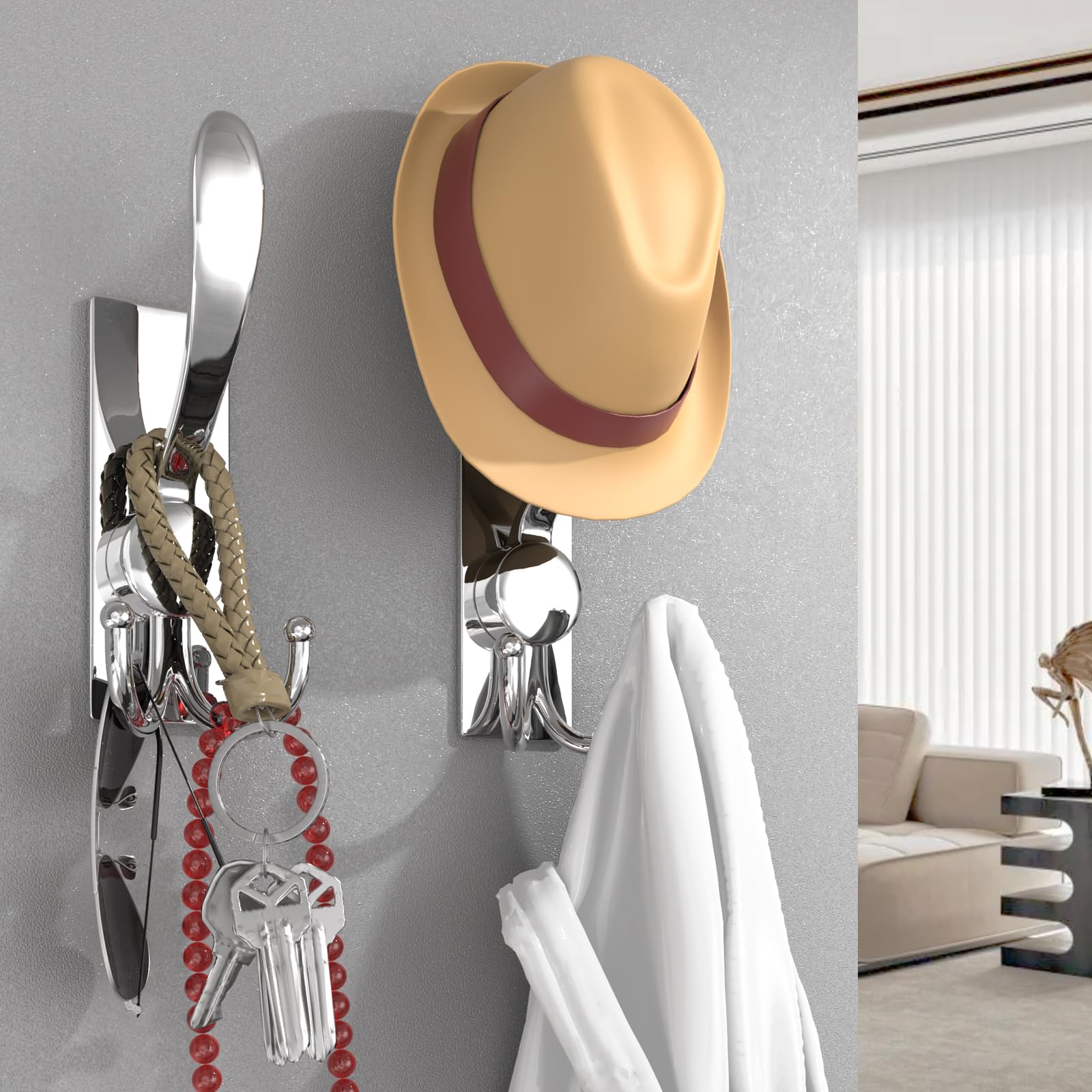 VINHOLD Metal Wall Mounted Towel Hooks, Self-Adhesive Coat Hooks with Tri Hooks for hanging towels, coats, hats, pans, Utility Hooks for bathrooms, bedrooms,kitchens(2 pack,glossy)