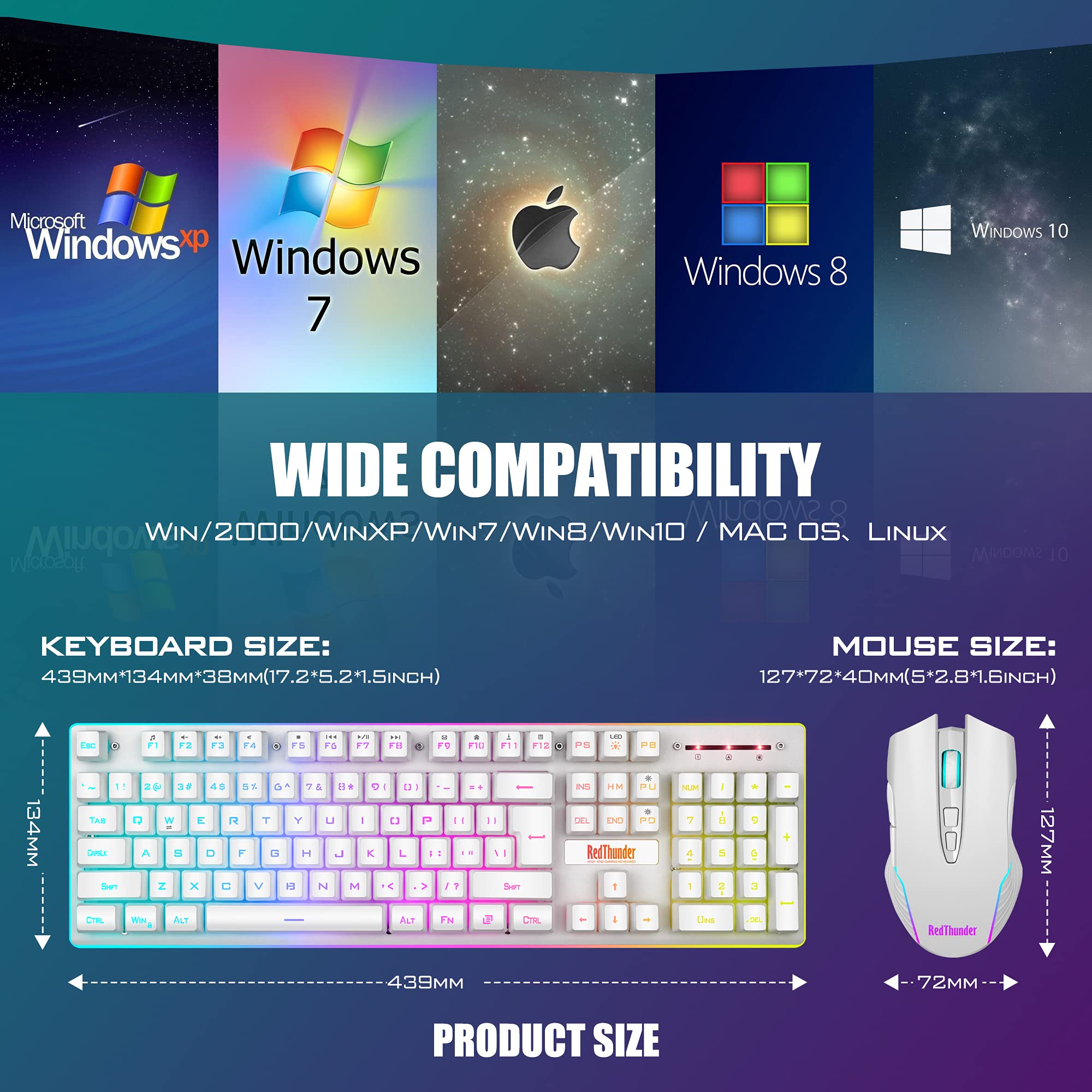 RedThunder K10 Wireless Gaming Keyboard and Mouse Combo, LED Backlit Rechargeable 3800mAh Battery, Mechanical Feel Anti-ghosting Keyboard + 7D 3200DPI Mice for PC Gamer (White)