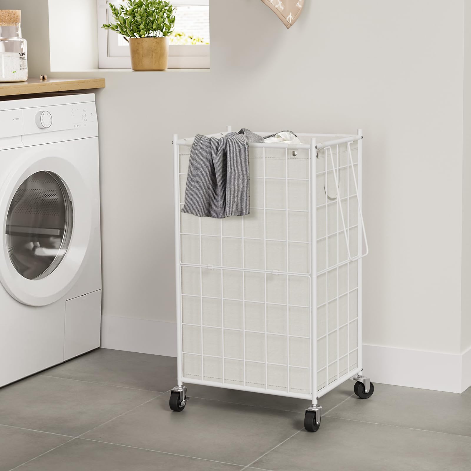 WOWLIVE Laundry Hamper with Wheels,Metal Wire Frame Rolling Laundry Basket with Removable bag,100L Dirty Clothes Hamper Organizer Dorm Room Storage for Bedroom,Bathroom,White