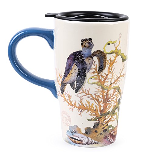 Minigift Ceramic Coffee Mug,Travel Cup with Lid,Handmade Milk Mug 16oz-Ocean Turtle