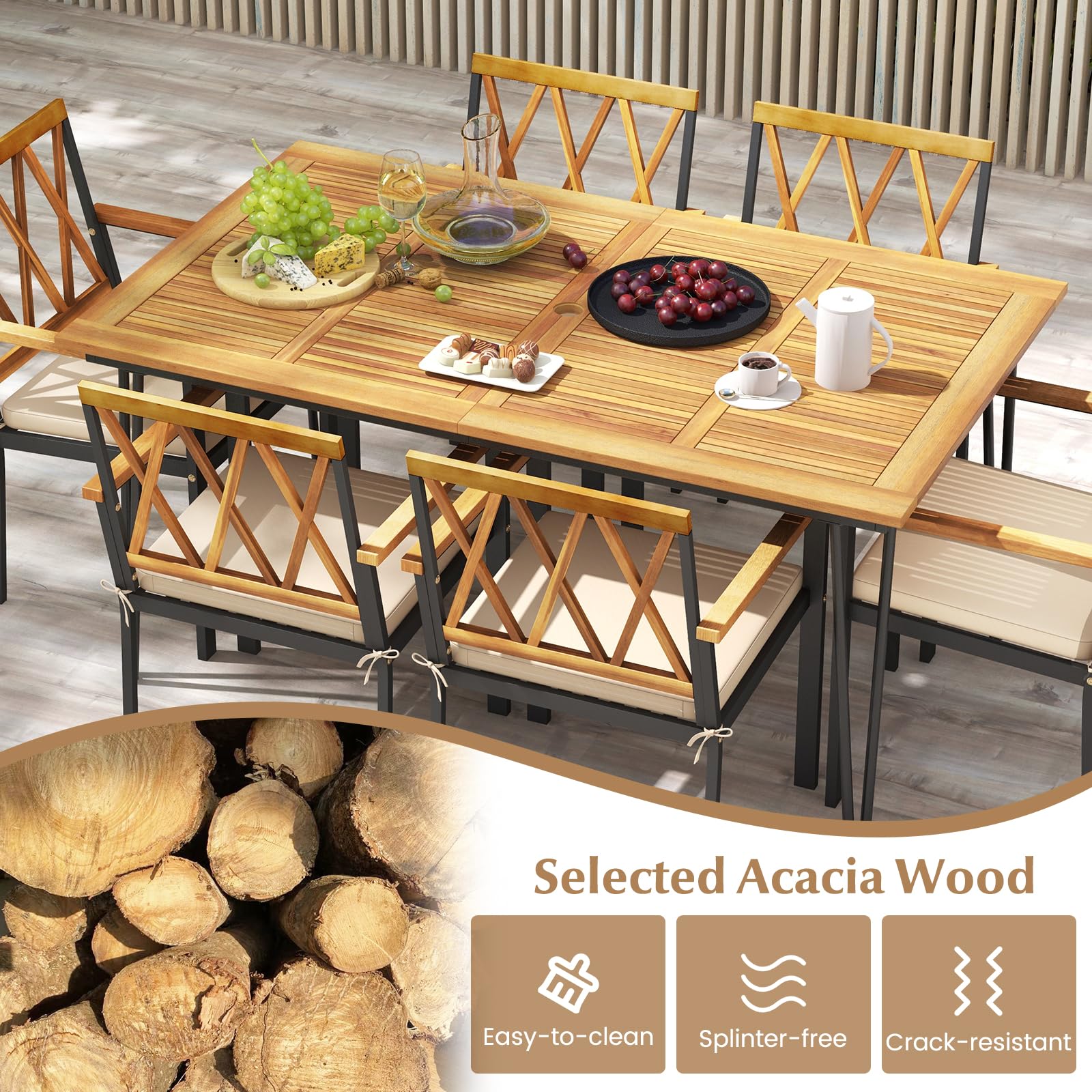 Tangkula 7-Piece Patio Dining Set, Acacia Wood Outdoor Furniture Set with 2β Umbrella Hole and Seat Cushions, Rectangular Dining Table and 6 Chairs Set for Patio Garden Poolside Backyard