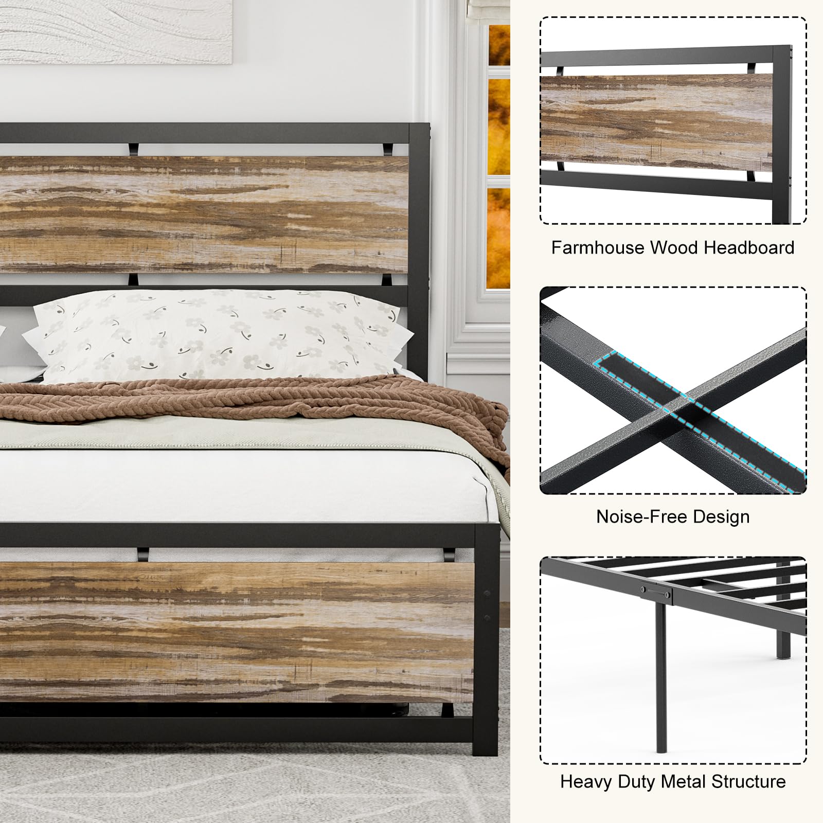 IKIFLY California King Size Metal Bed Frame/Industrial Cal King Platform Bed with Wooden Headboard Footboard/Heavy Duty Steel Slats Support/No Box Spring Needed(Cal King, Light Brown)