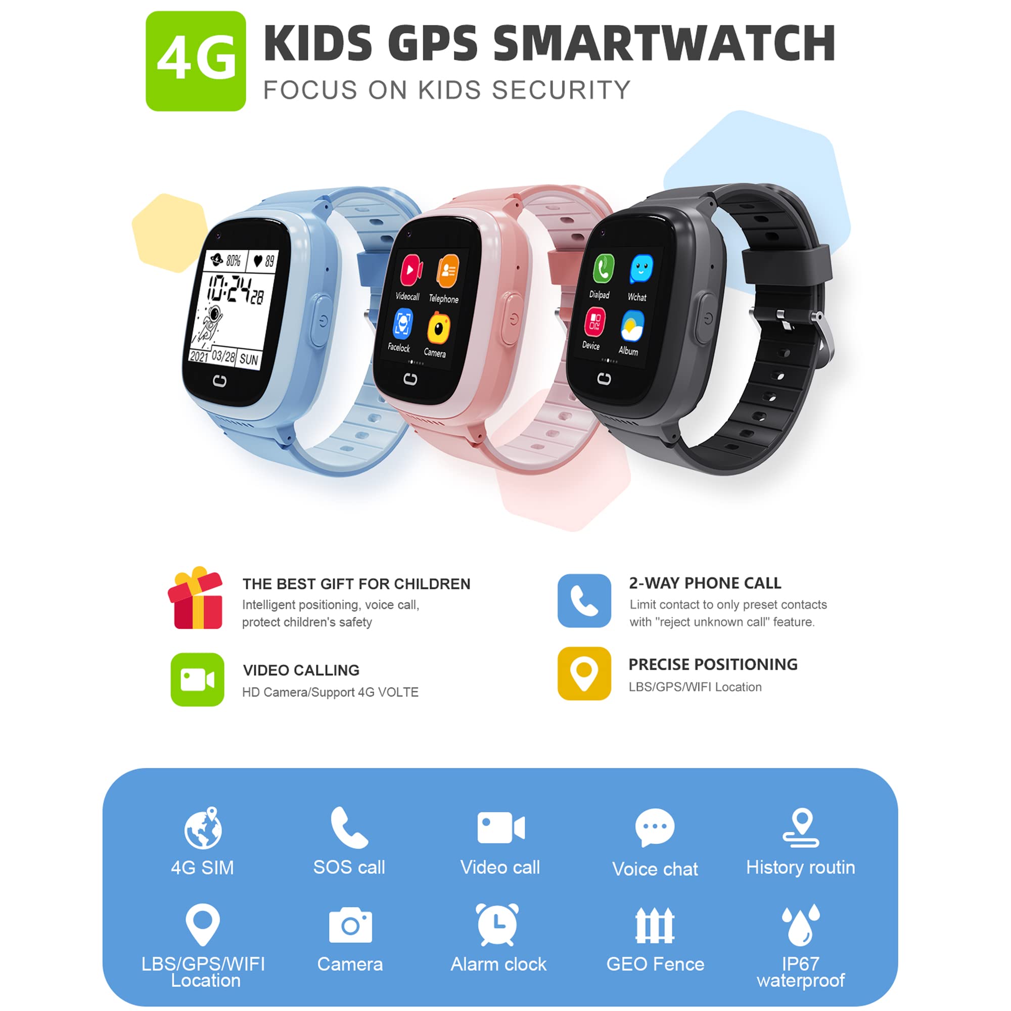 PTHTECHUS Kids Smartwatch with GPS 4G, HD Touchscreen Watch with Phone GPS Tracker Real Time Location SOS Video Call Voice Chat Camera Waterproof Compatible Android and iOS for Boys Girls Gift