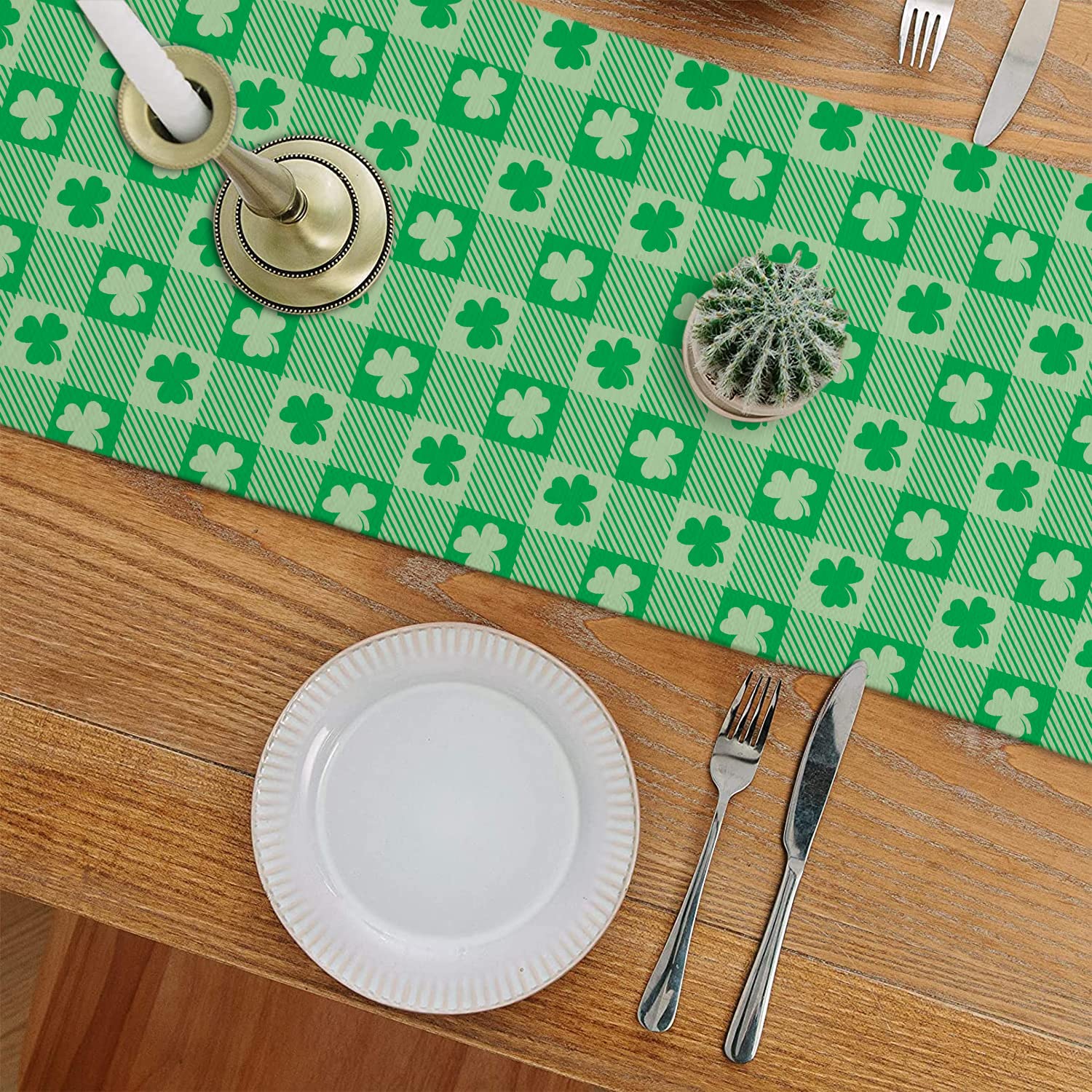 St Patricks Day Table Runner Shamrocks Plaid 13x72 Inch Spring Holiday Party Home Kitchen Dining Table Decor