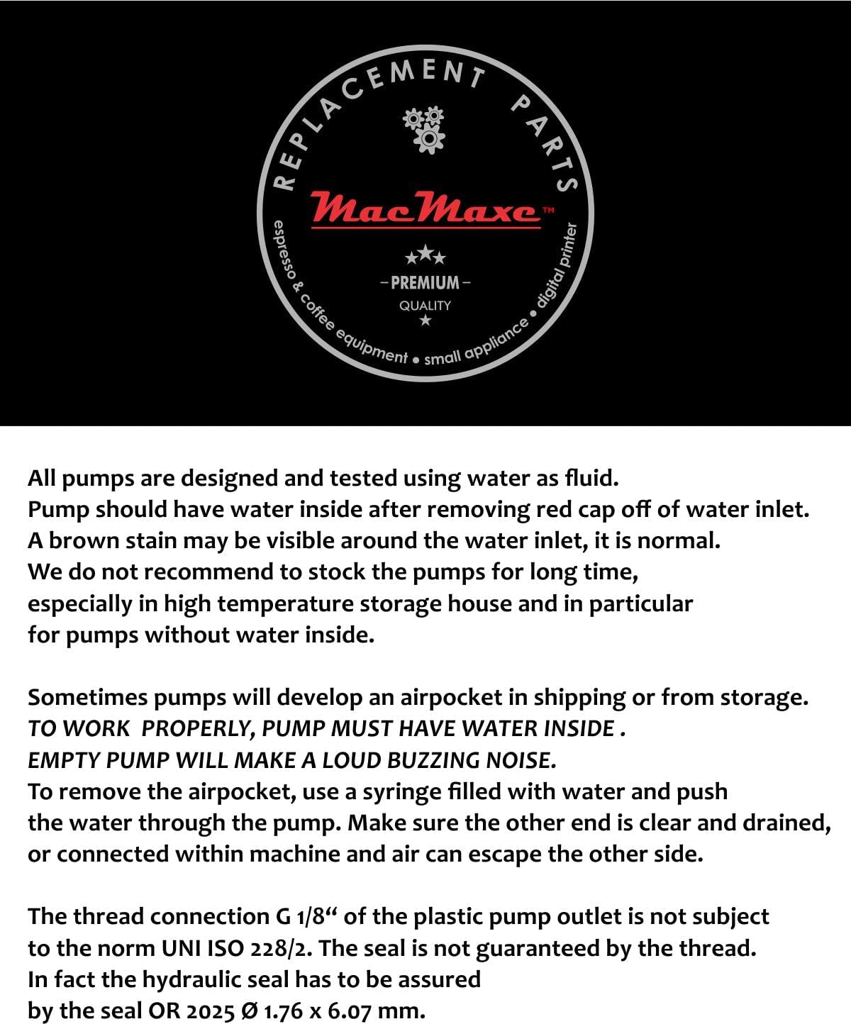 MacMaxe ULKA Model E Type EFP5 - Replacement Pump Compatible with Breville Espresso Machine - Solenoid Vibratory Water Pump with 2 O-Ring Seals - 15 Bar Max Pressure, 2/1 Min. On/Off, 120V, 60Hz, 52W