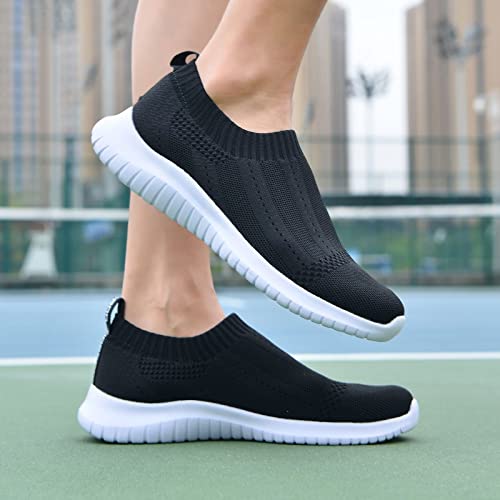 LANCROP Women's Casual Tennis Shoes - Comfortable Knit Gym Walking Slip On Sneakers Wide 8.5 M US, Label 39 Black