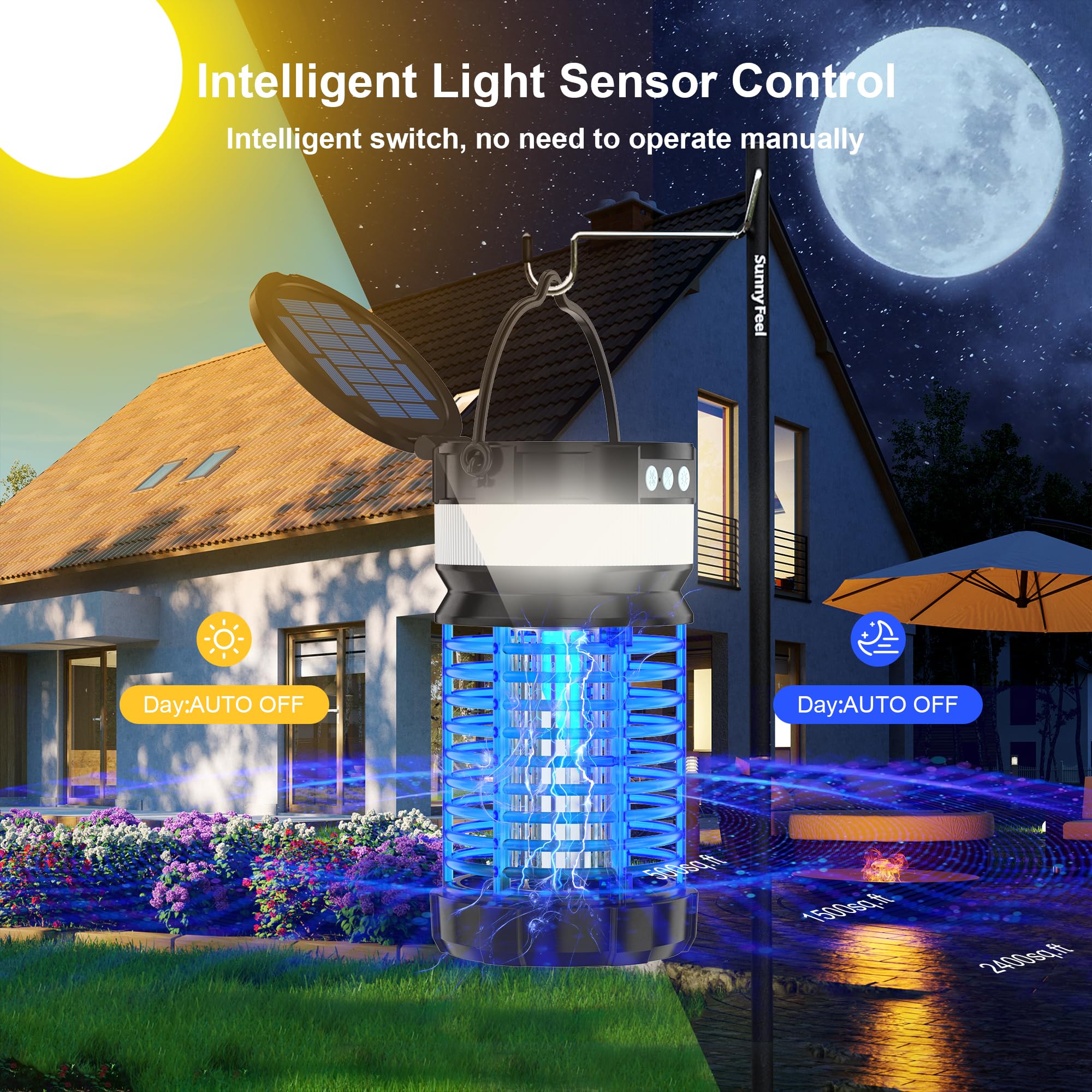 Solar Bug Zapper for Outdoor & Indoor,4200V Mosquito Zapper Waterproof Fly Trap,Portable Rechargeable Mosquito Killer with LED Light for Home,Kitchen,Backyard,Camping (Black-Blue)